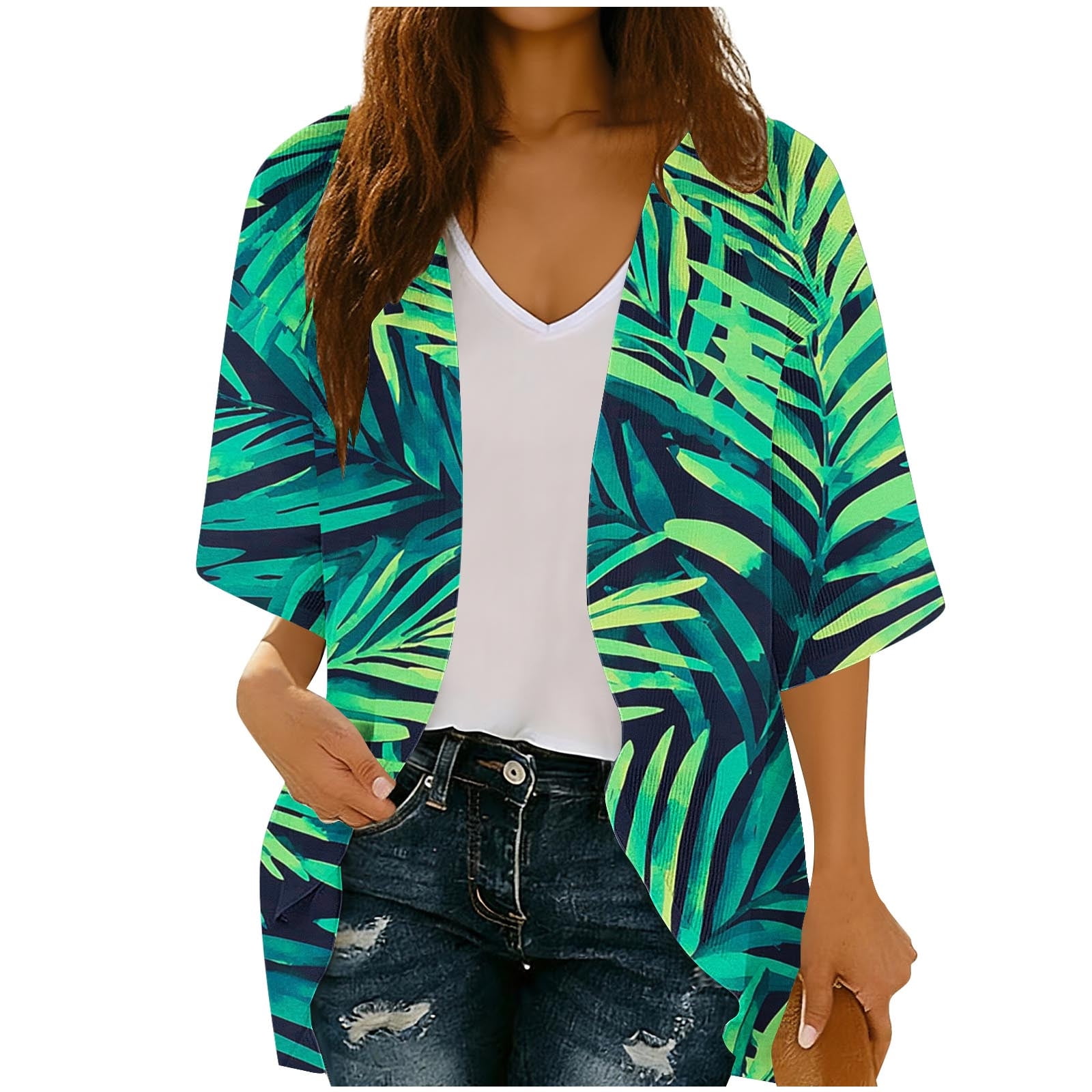Fmbrln Womens Casual Lightweight Printed Cardigan 3/4 Sleeve Hoodless ...