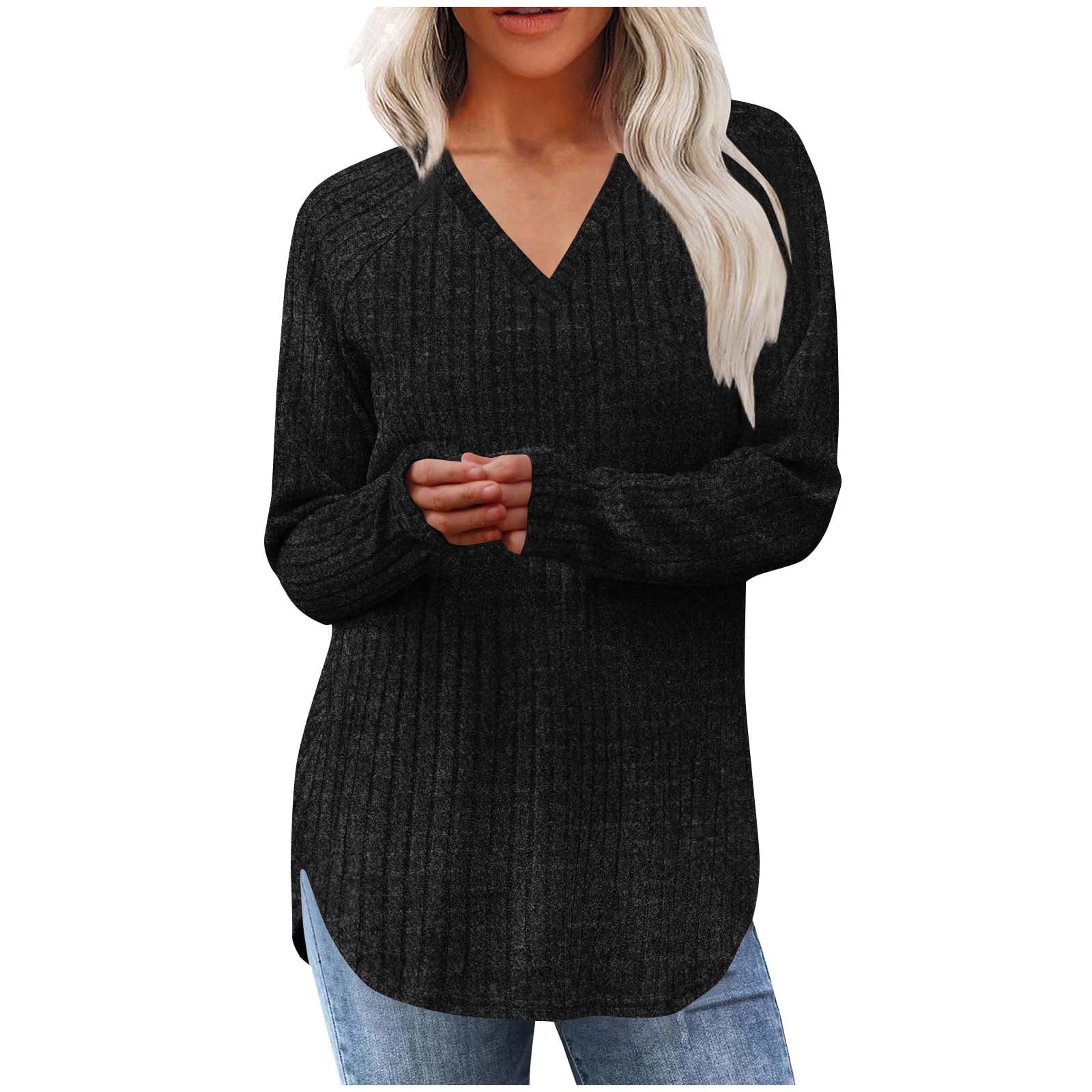 Fmbrln Womens Fall Knit Sweaters Casual Long Sleeve V Neck Side Slit ...