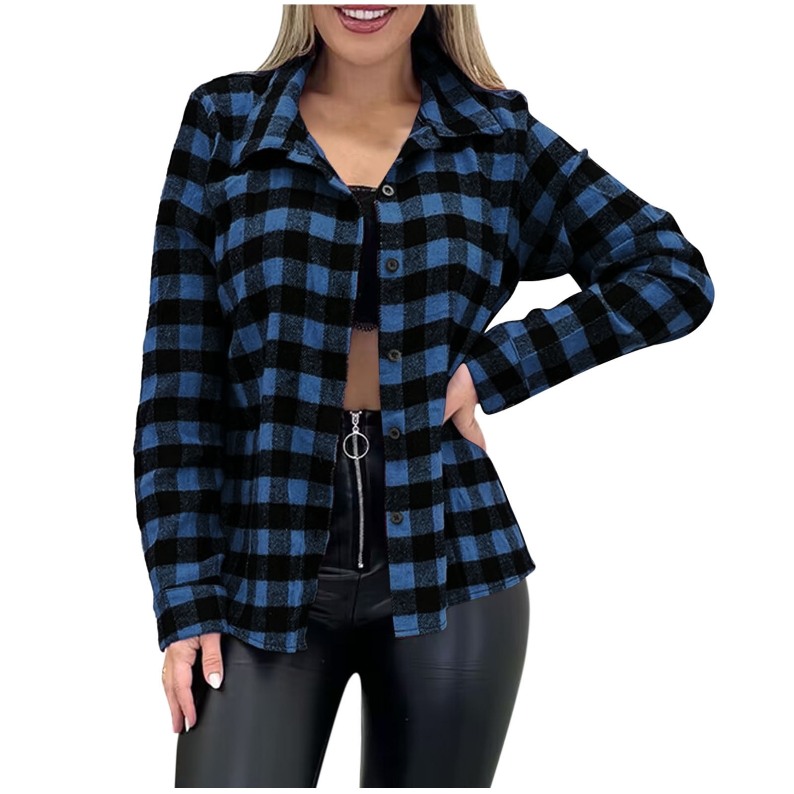 Fmbrln Womens Flannel Plaid Shirts Long Sleeve Turndown Collar Button ...