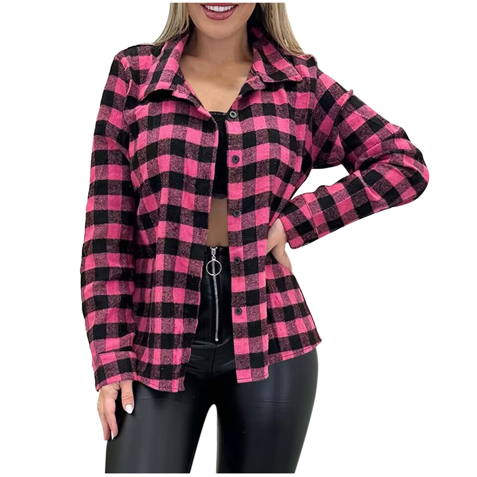 Fmbrln Womens Flannel Plaid Shirts Long Sleeve Turndown Collar Button ...