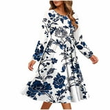 Fmbrln Womens Floral Print Boho Dress Long Sleeve Crew Neck Midi Dress ...