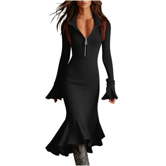Fmbrln Womens Knitted Sweater Dress Long Flared Sleeve Half-Zip ...