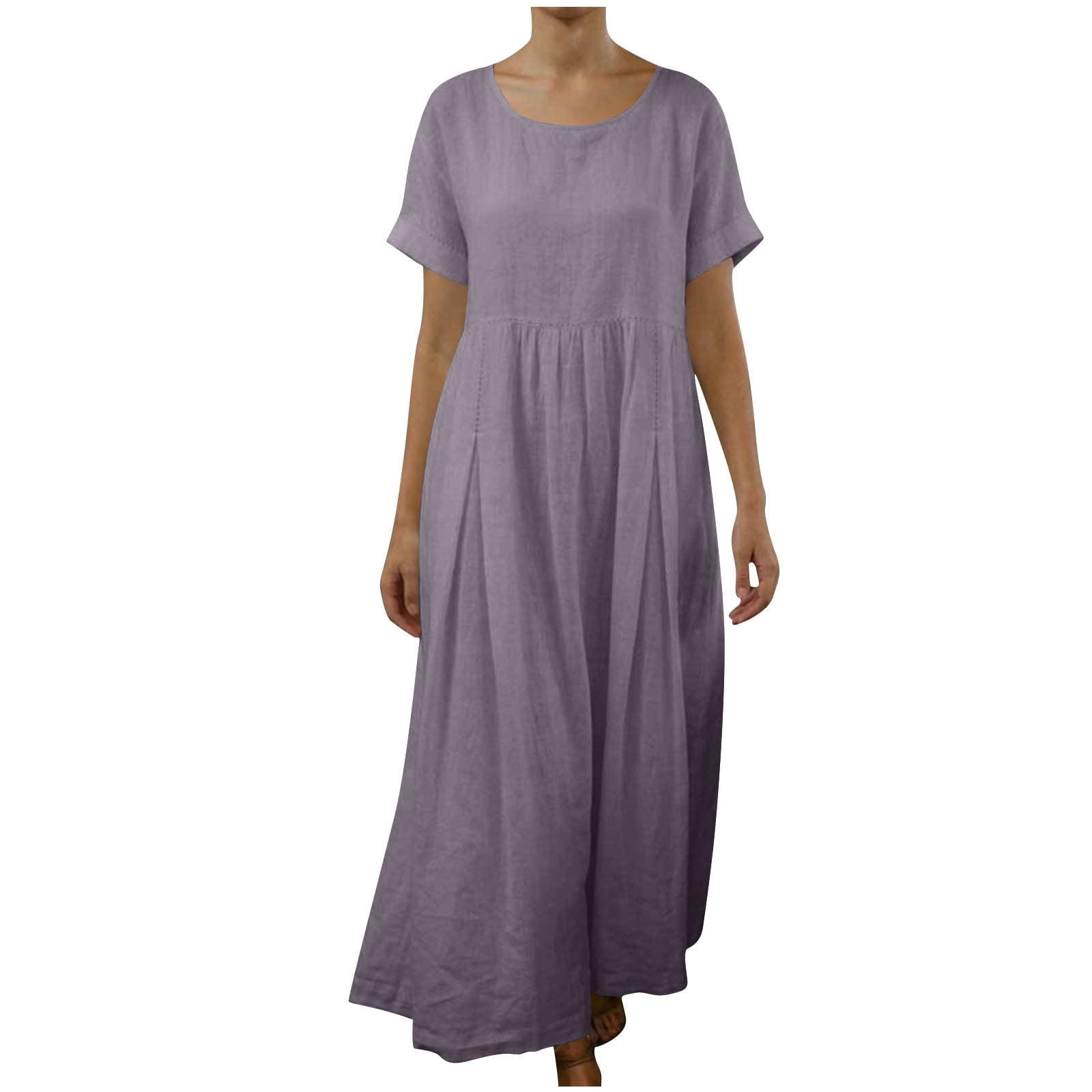 Fmbrln Womens Linen Dress Summer Short Sleeve Crew Neck Long Maxi Dress ...