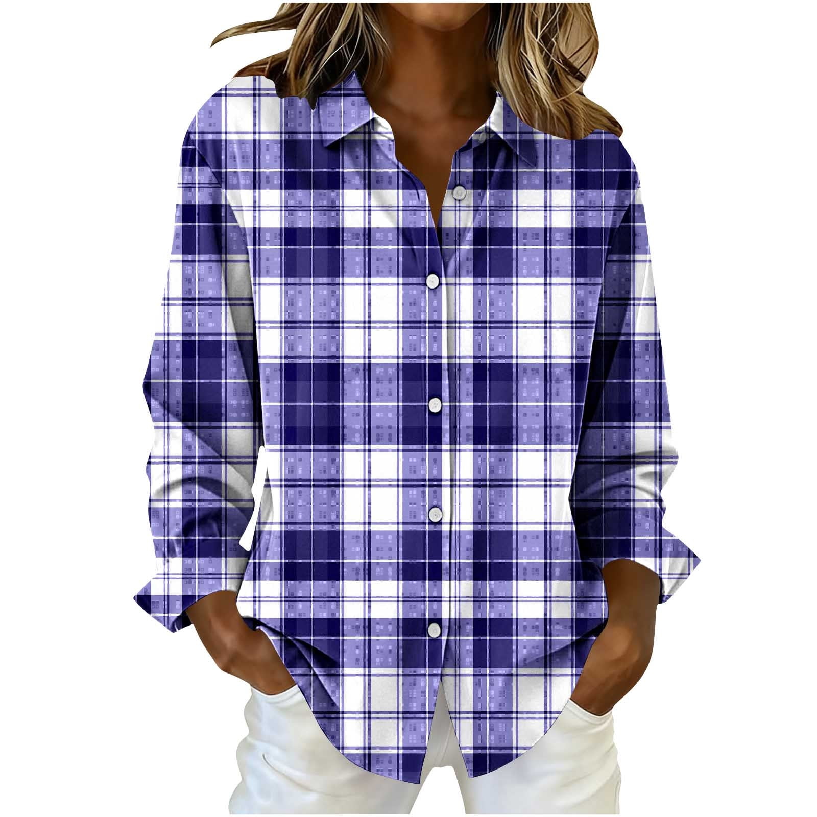 Fmbrln Womens Plaid Shirts Button Long Sleeve Turndown Collar Shirts ...