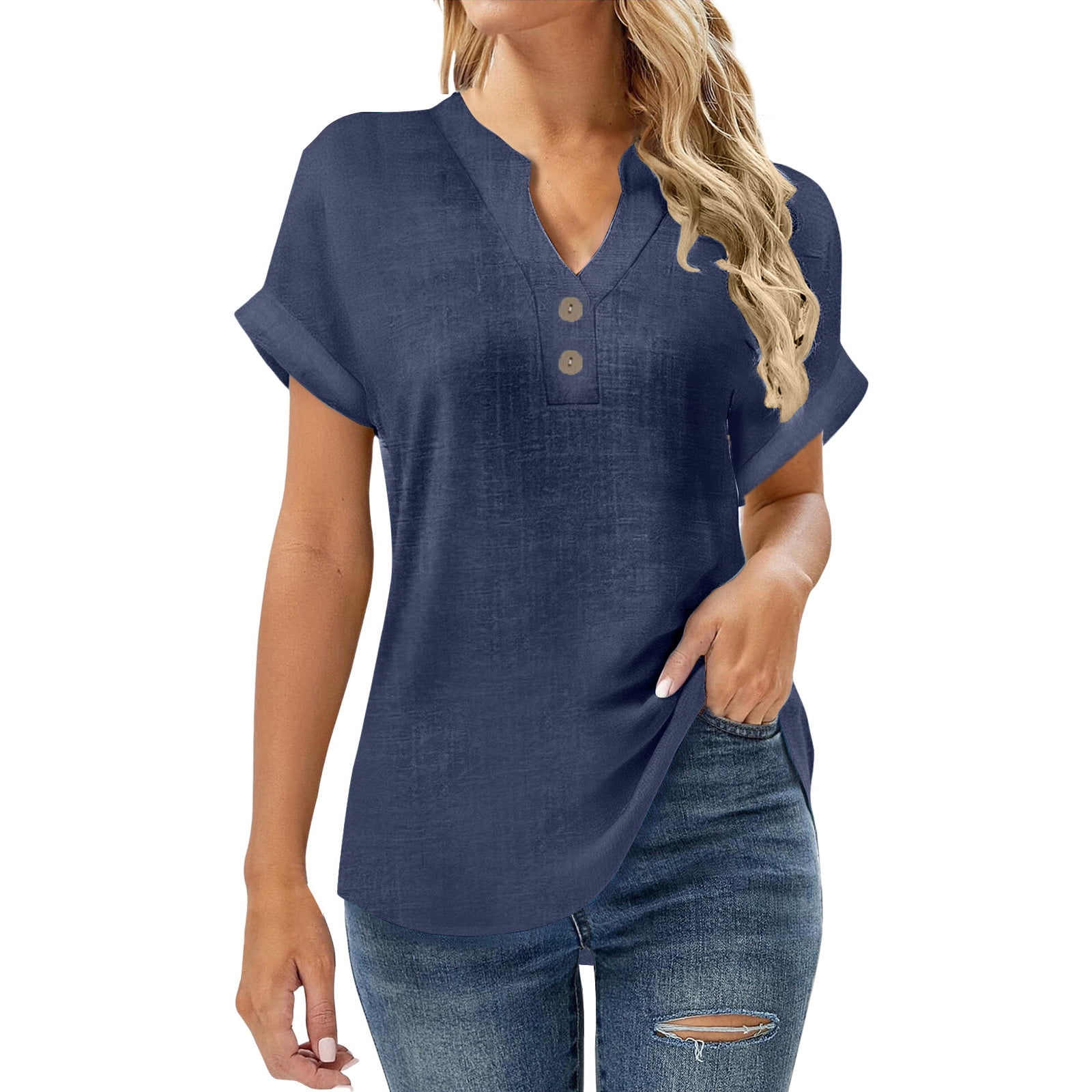 Fmbrln Womens Plus Size Linen Tops Summer Short Sleeve Button V Neck ...