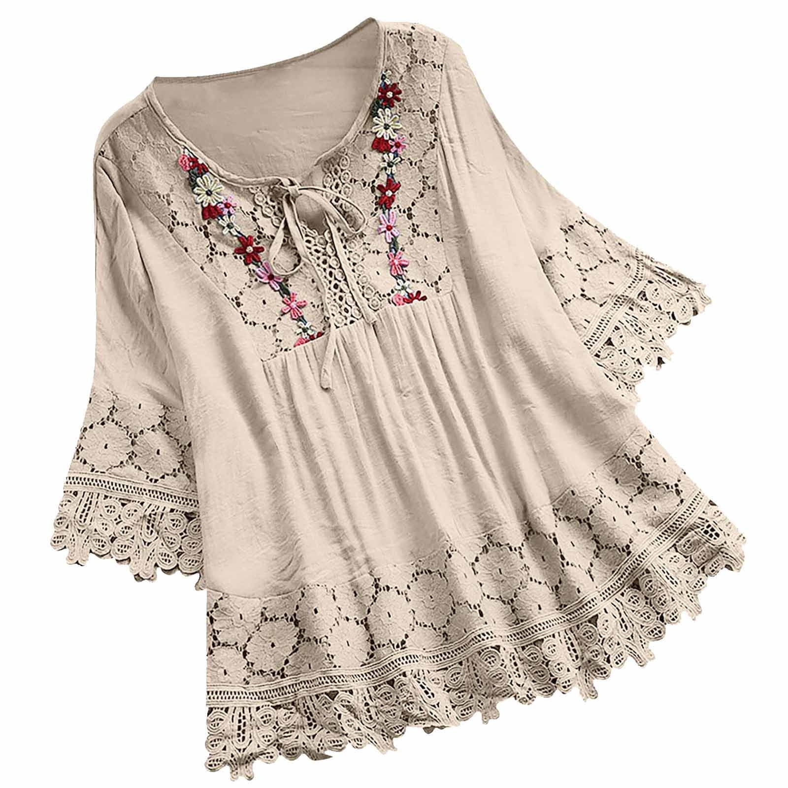 Fmbrln Womens Plus Size Summer Linen 3/4 Sleeve Tops Fashion V Neck Tie ...