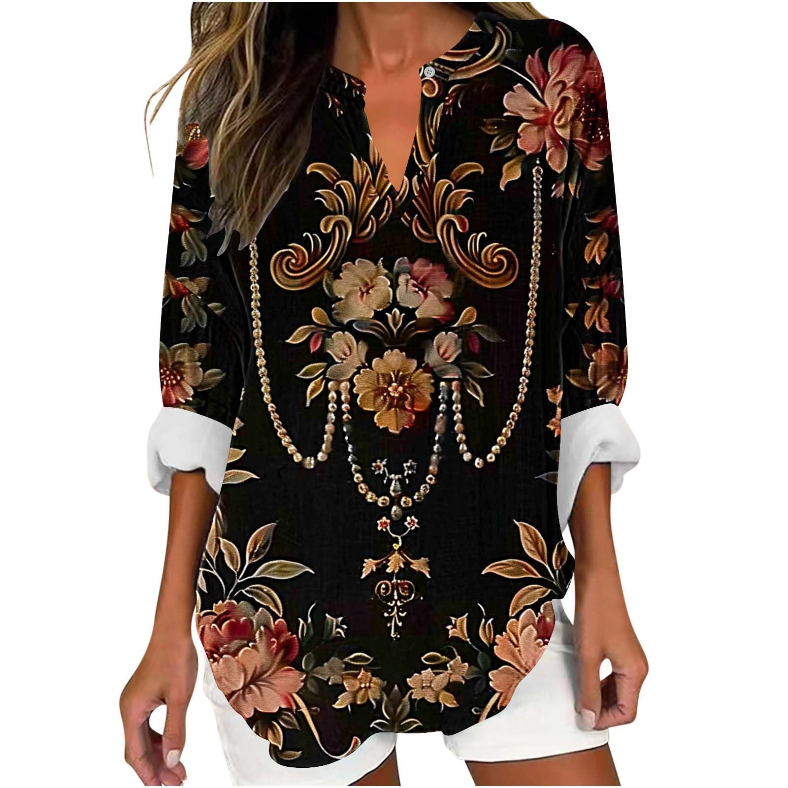 Fmbrln Womens Plus Size Trendy Boho Print Shirts Fall Fashion V Neck ...