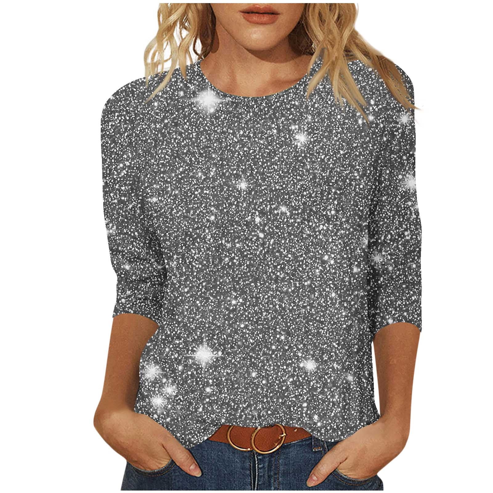Fmbrln Womens Sequin Print Tops 3/4 Sleeve Crew Neck Shirts Casual ...