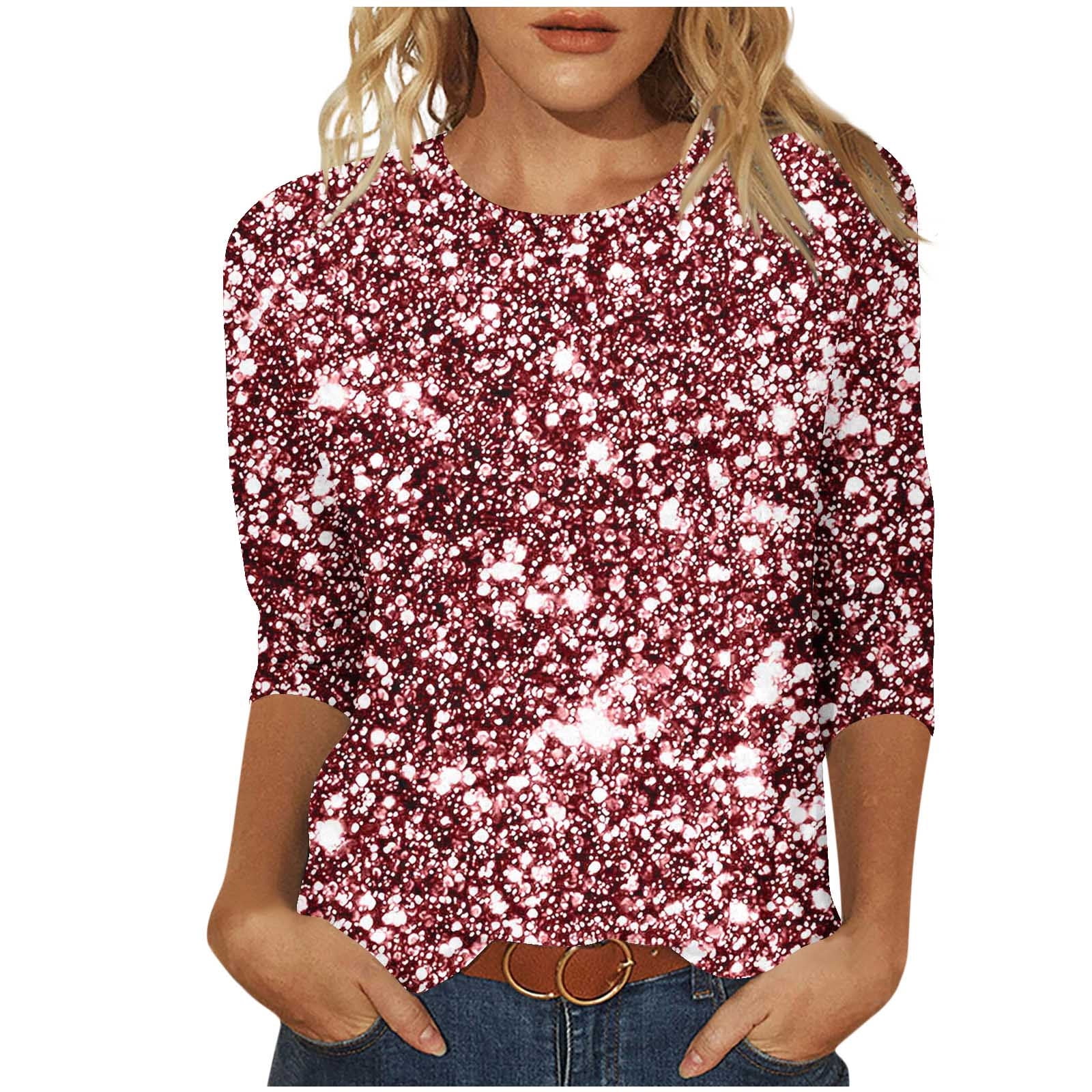 Fmbrln Womens Sequin Print Tops 3/4 Sleeve Crew Neck T-Shirts Casual ...