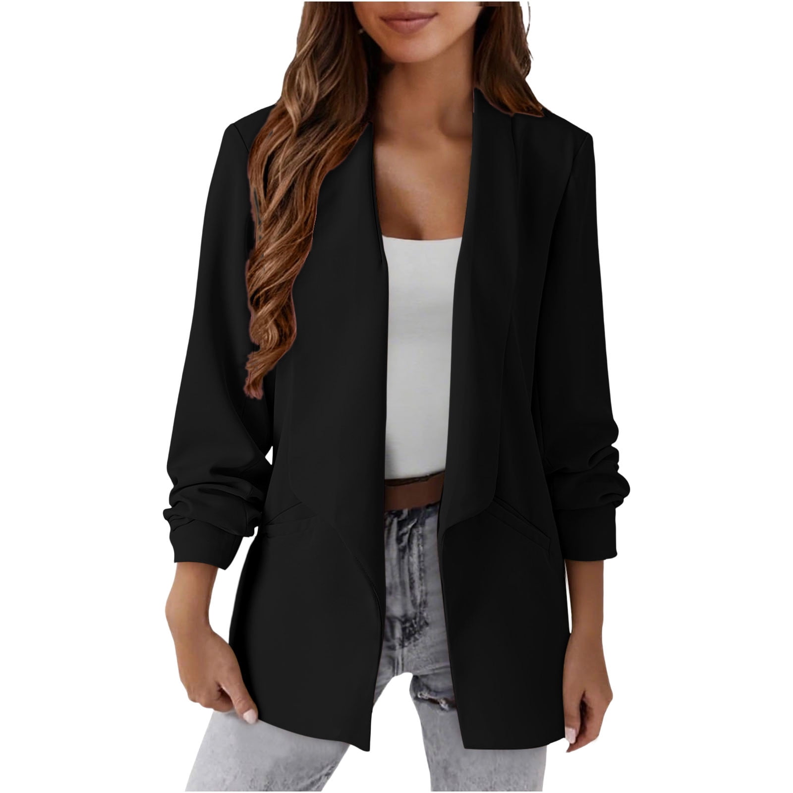 Fmbrln Womens Solid Blazers Coat Long Sleeve Lapel Collar Open Front ...