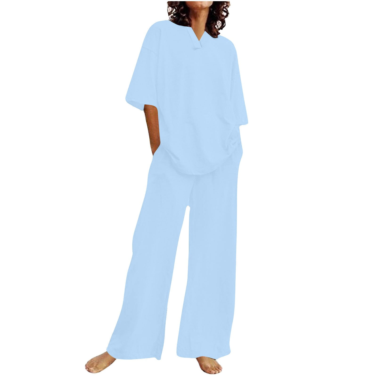 Fmbrln Womens Summer 2 Piece Sets Casual Loose Fit Solid Color V Neck ...