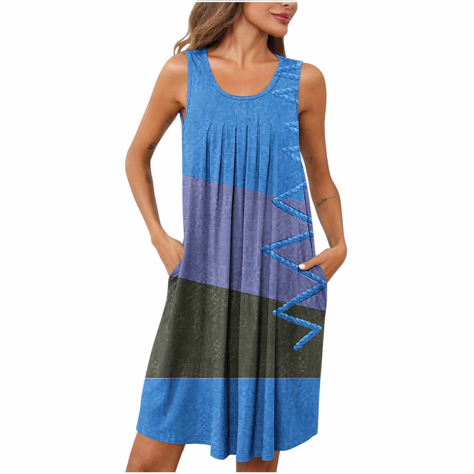 Fmbrln Womens Summer Dress Casual Sleeveless Pleated Color Block ...