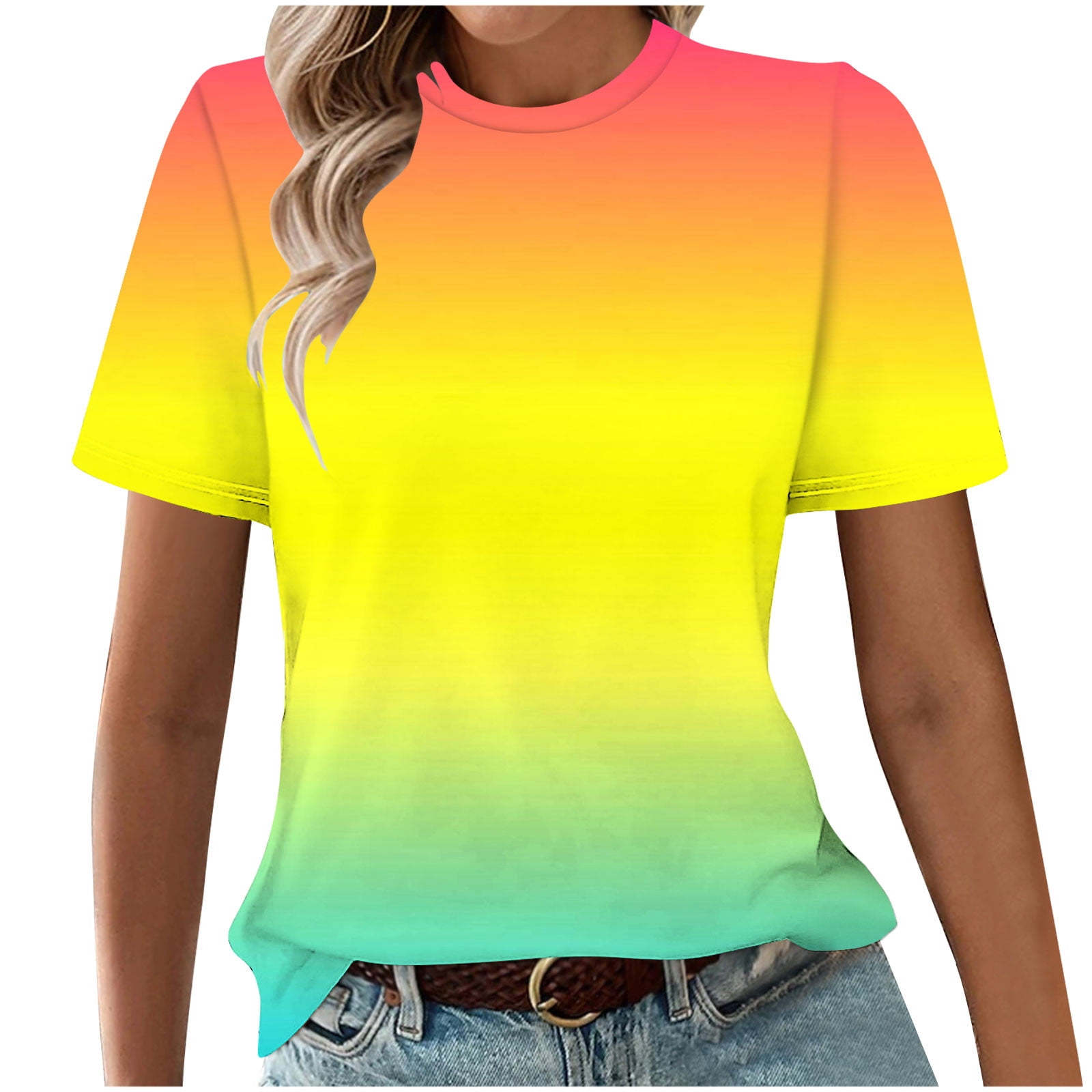 Fmbrln Womens Summer Short Sleeve T-Shirts Fashion Crew Neck Gradient ...
