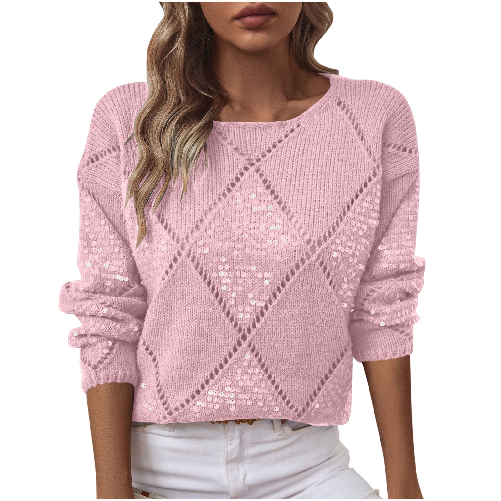 Fmbrln Womens Trendy Sequin Knitted Sweaters Long Sleeve Crew Neck ...