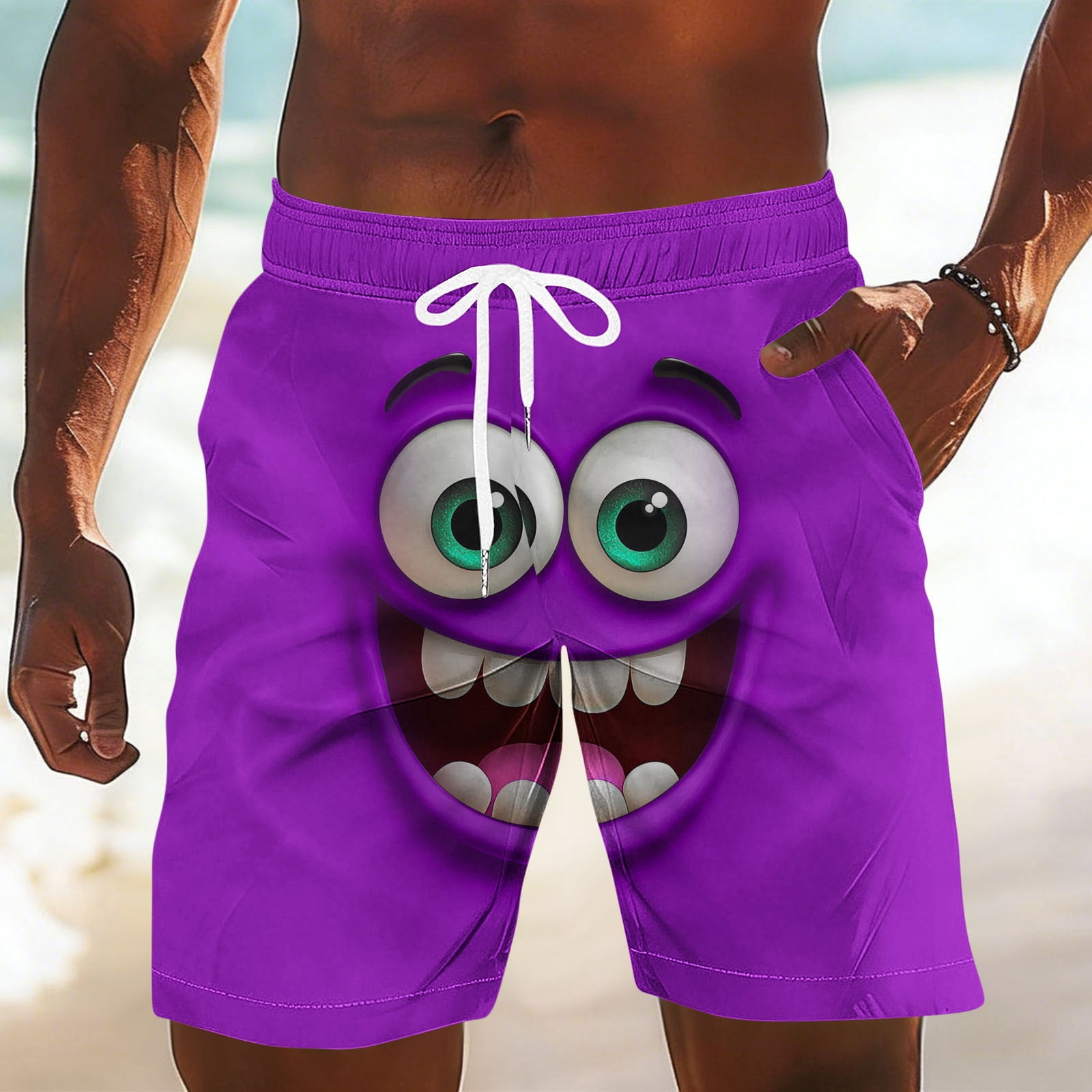 Fnnxeal Funny Mens Swim Trunks with 3D Cartoon Face Print, Purple ...