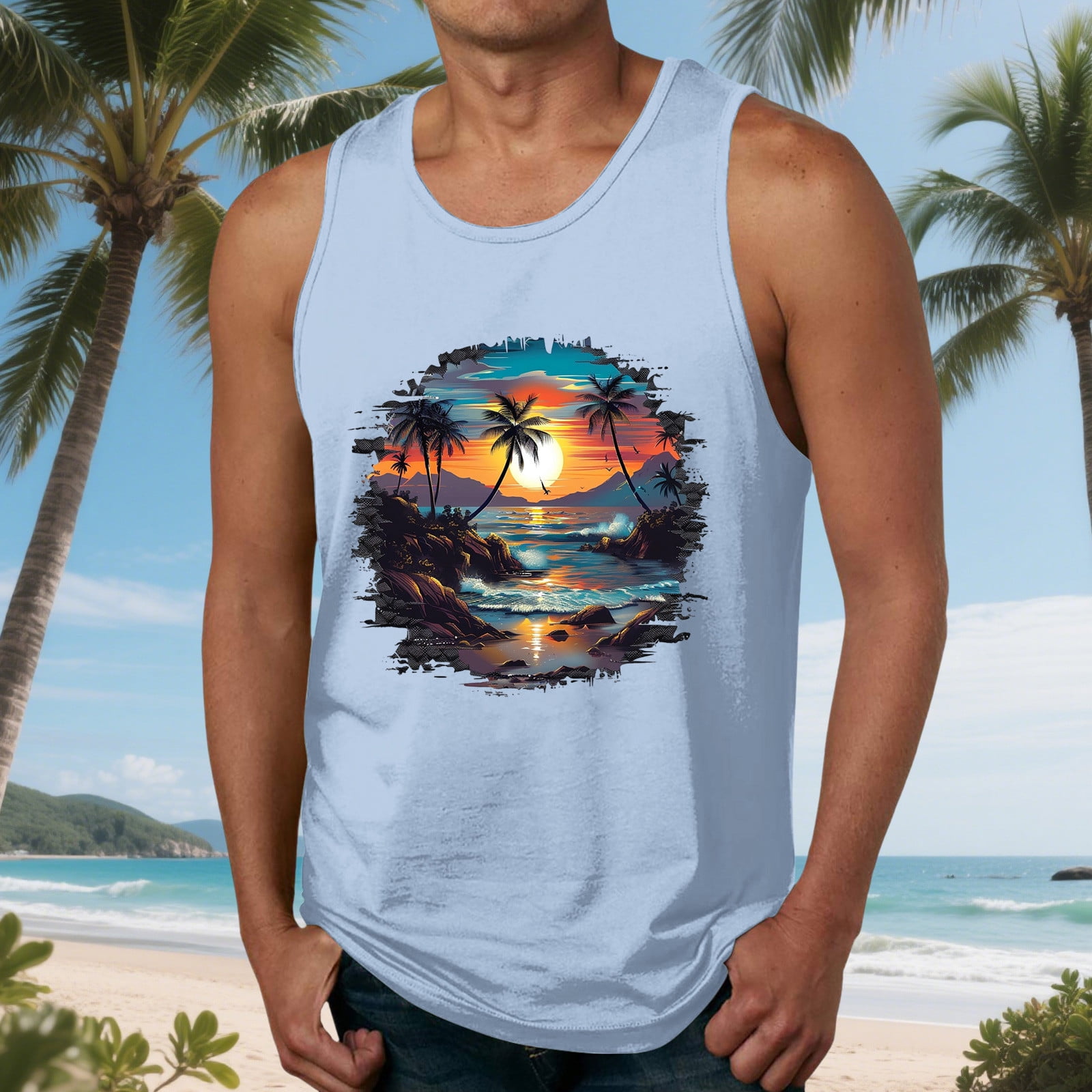 Fnnxeal Men's Lightweight Polyester Tank Top Casual Sleeveless Print ...