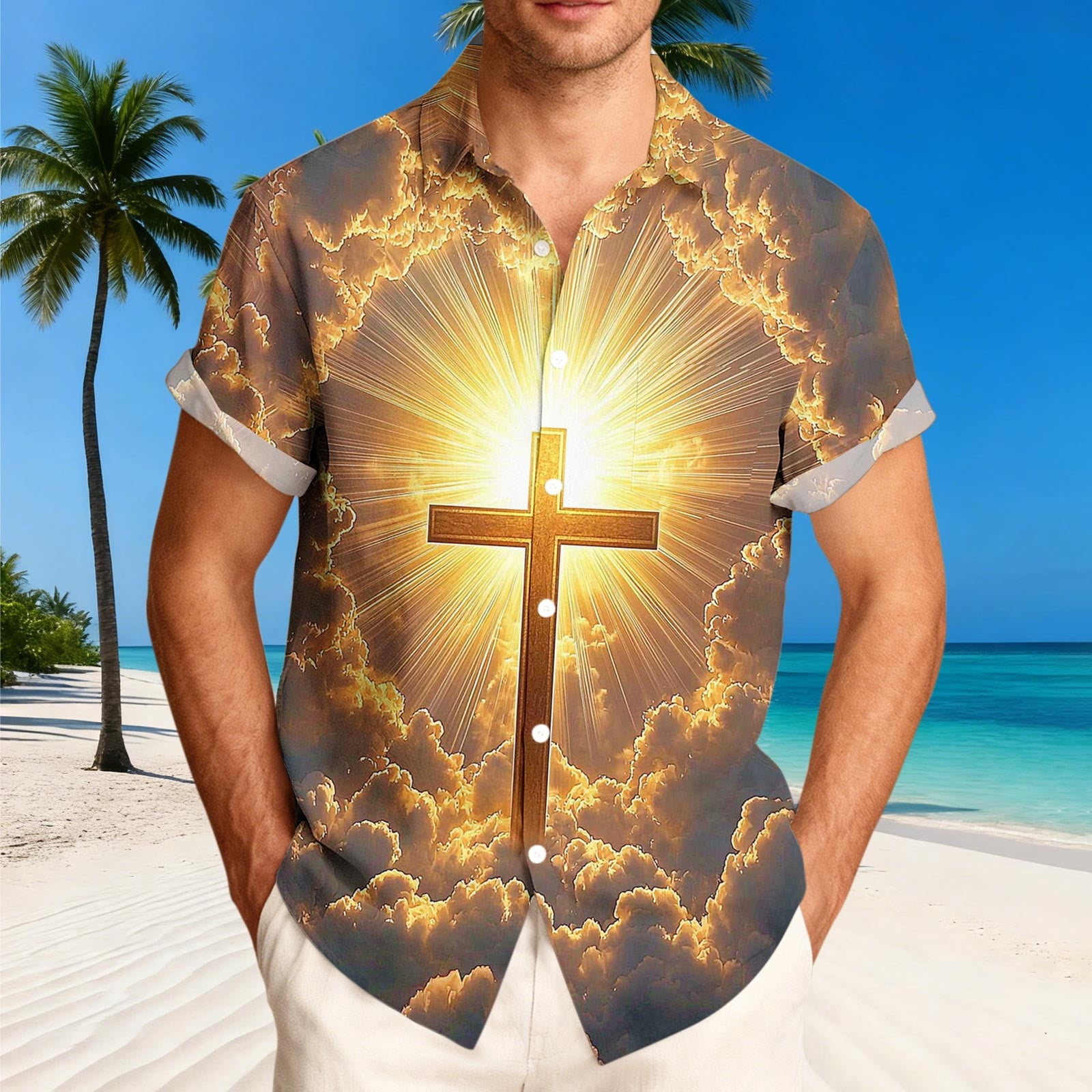 Fnnxeal Mens Christian Hawaiian Shirt Gold Cross Print Short Sleeve ...