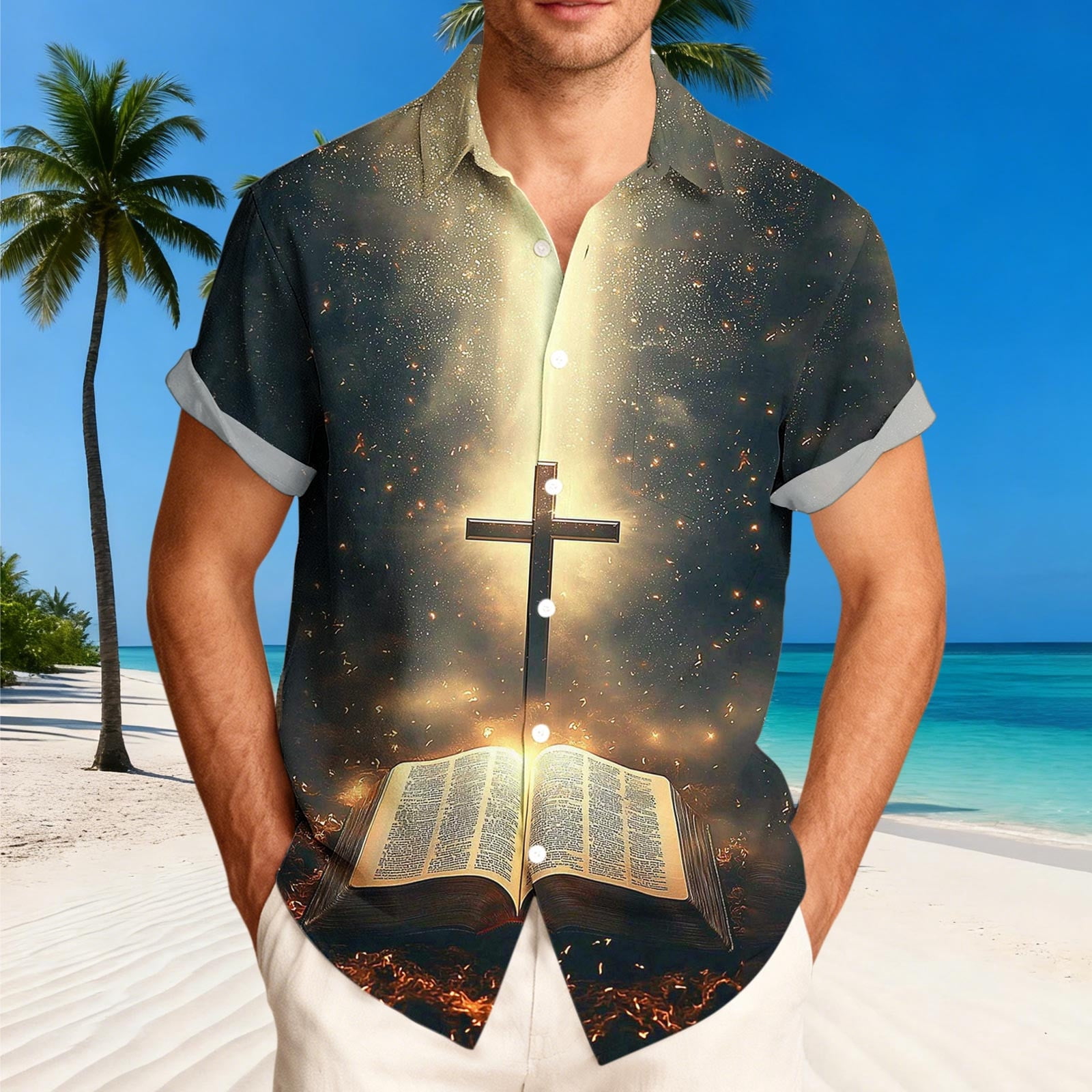Fnnxeal Mens Christian Hawaiian Shirt Gray, Bible and Cross Design ...