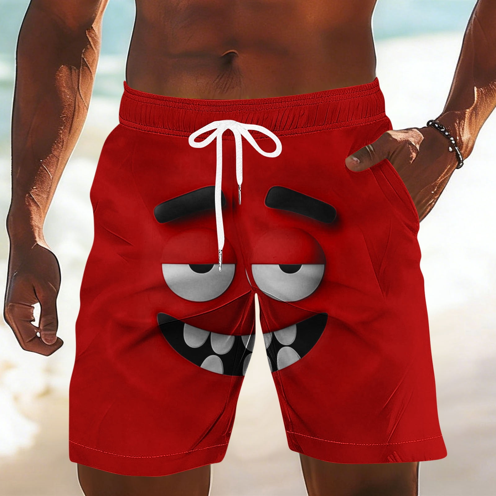 Fnnxeal Mens Graphic Swim Trunks Red - Funny 3D Smiley Face Print ...