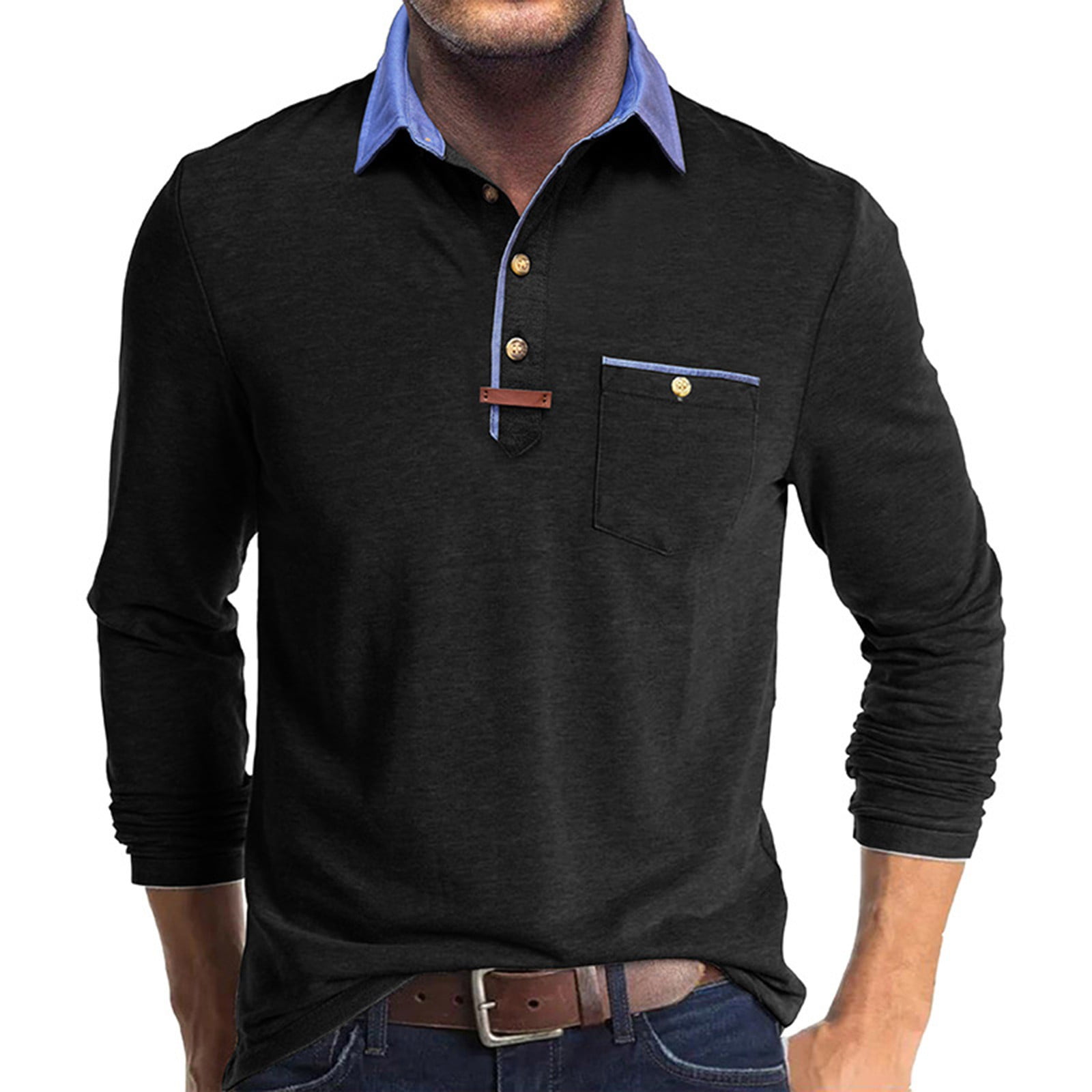 Fnnxeal Mens Polo Shirts Long Sleeve with Pocket Casual Collared Button ...