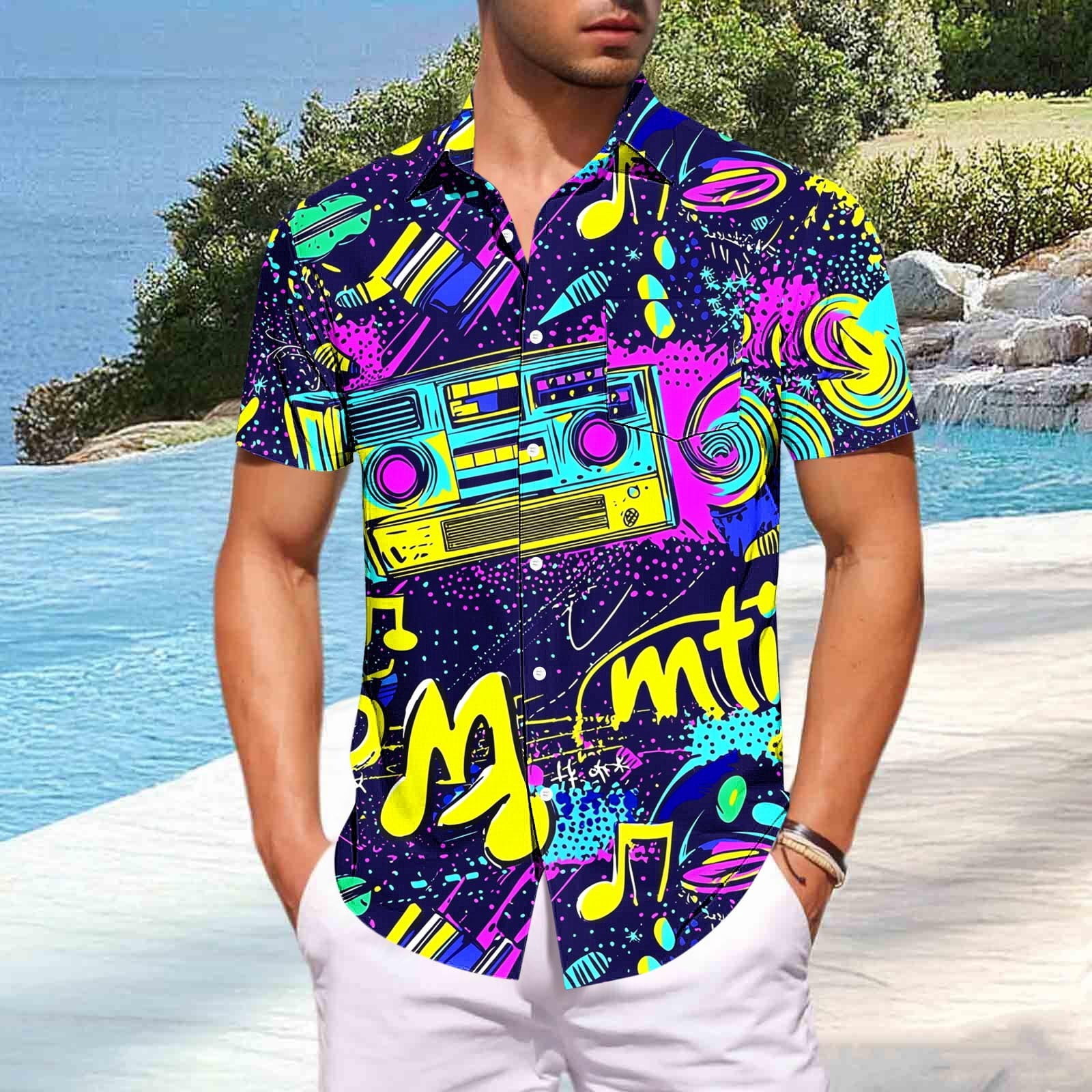 Fnnxeal Mens Retro Music Festival Shirt, Boombox Graphic Short Sleeve ...