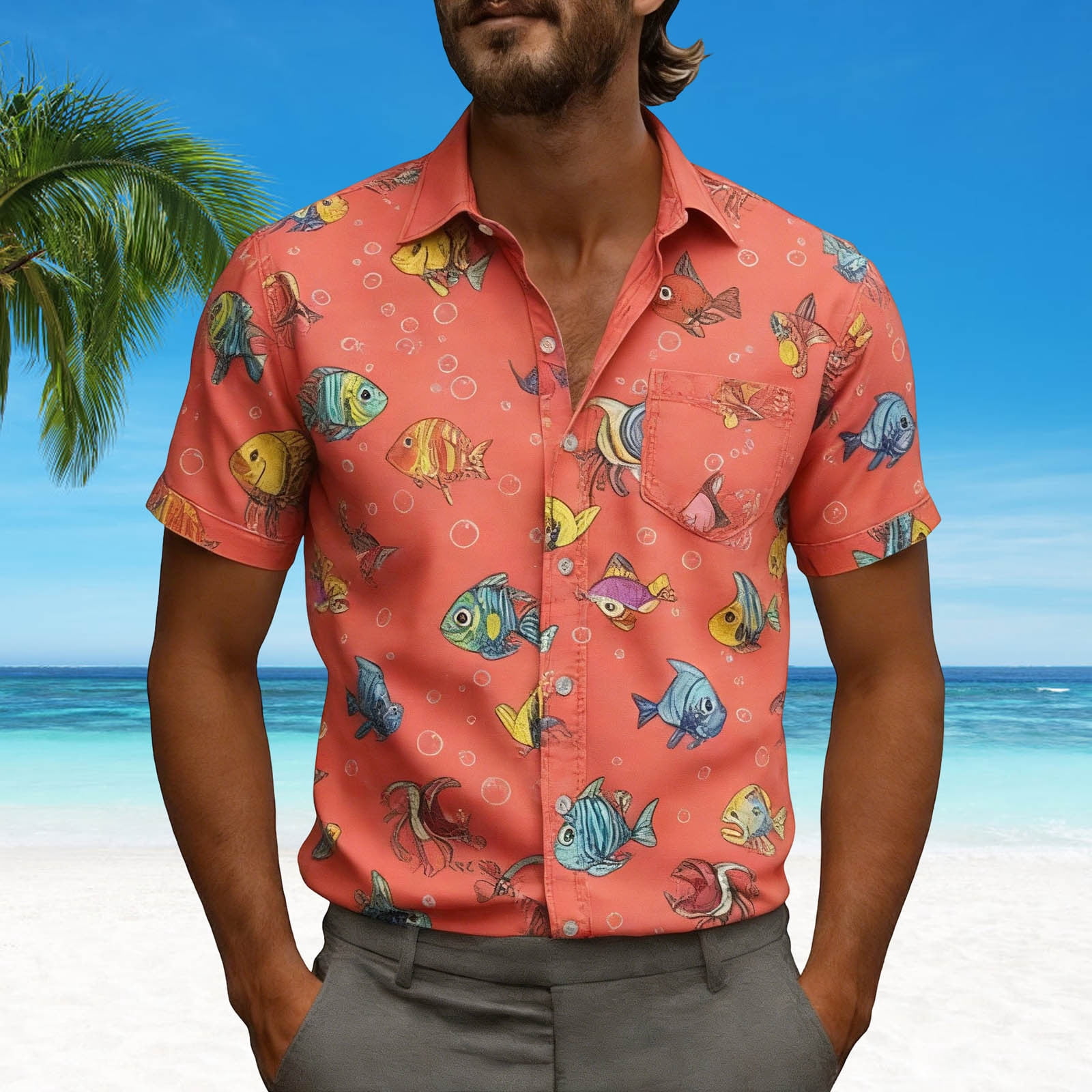 Fnnxeal Mens Tropical Hawaiian Shirt Short Sleeve Button Down, Orange ...