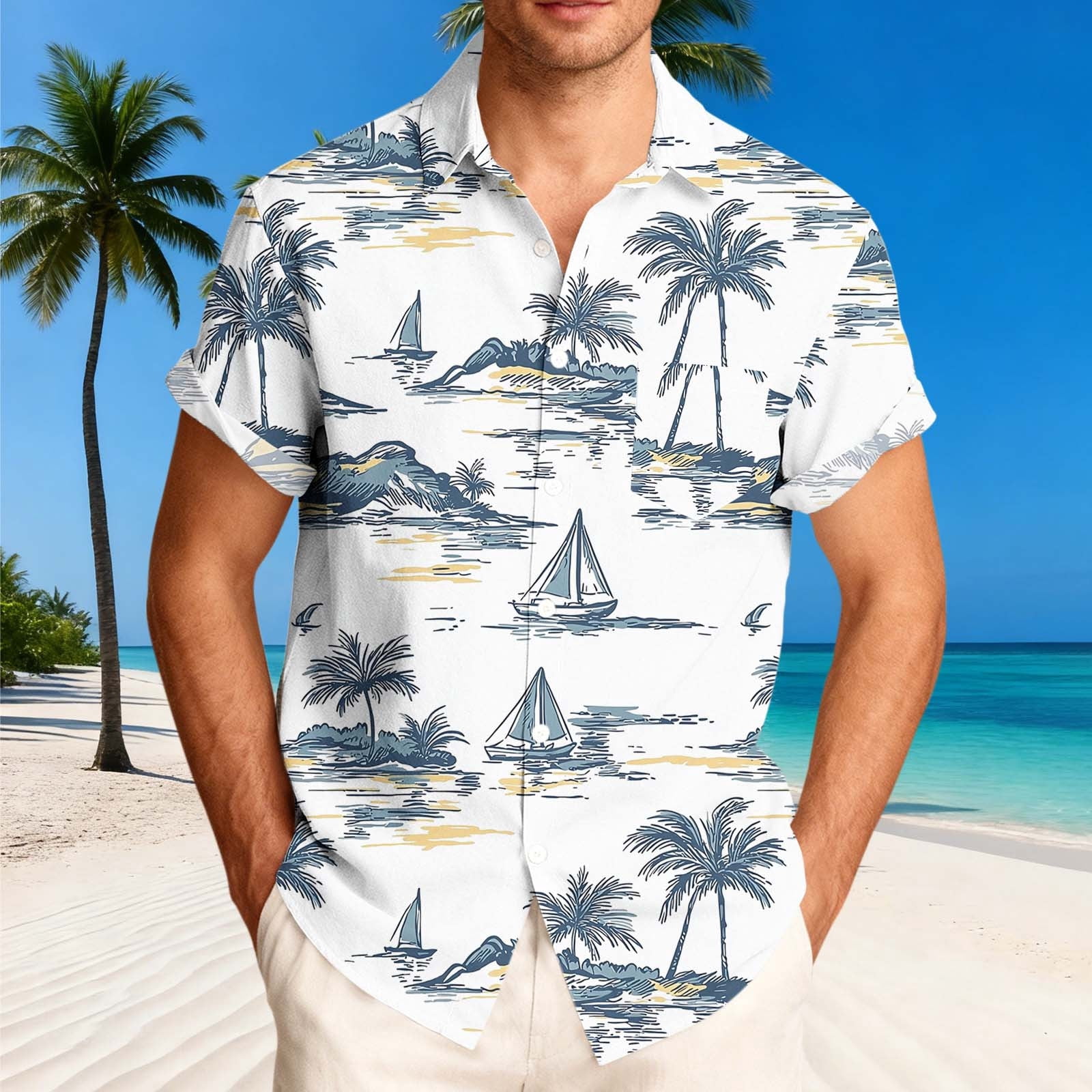 Fnnxeal Mens Tropical Hawaiian Shirt Short Sleeve Button Up, Navy Blue ...