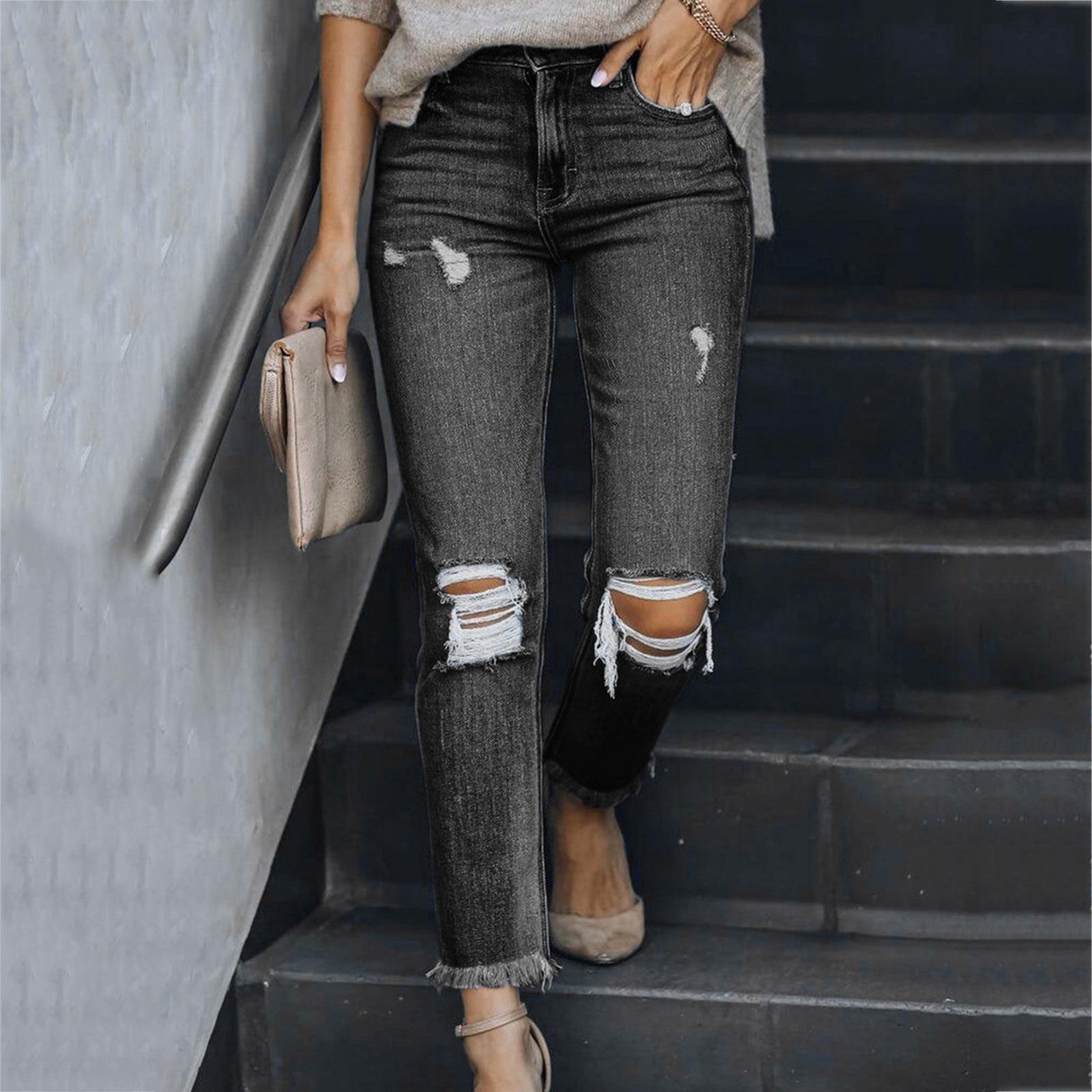 Fnochy High Waisted Ripped Flare Jeans for Women Distressed Bell Bottom ...