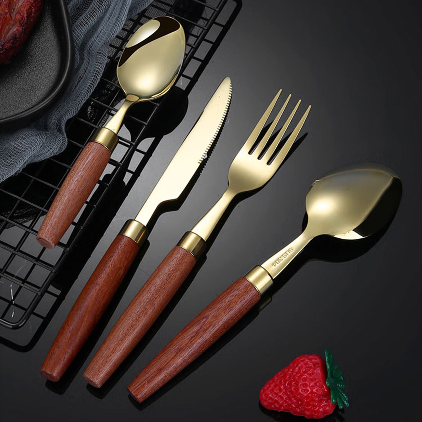 Fnochy Stainless Steel Cutlery Set, Ergonomic Wooden Handle Fork Spoon ...