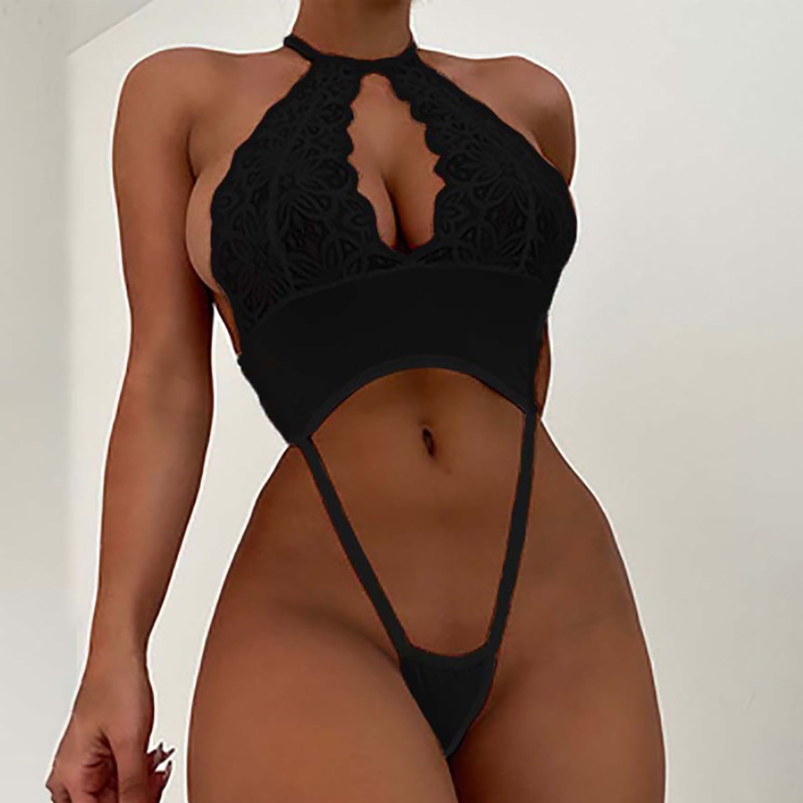 Fnochy Women One Piece Lingerie Lace Bodysuit Deep V Teddy Mini