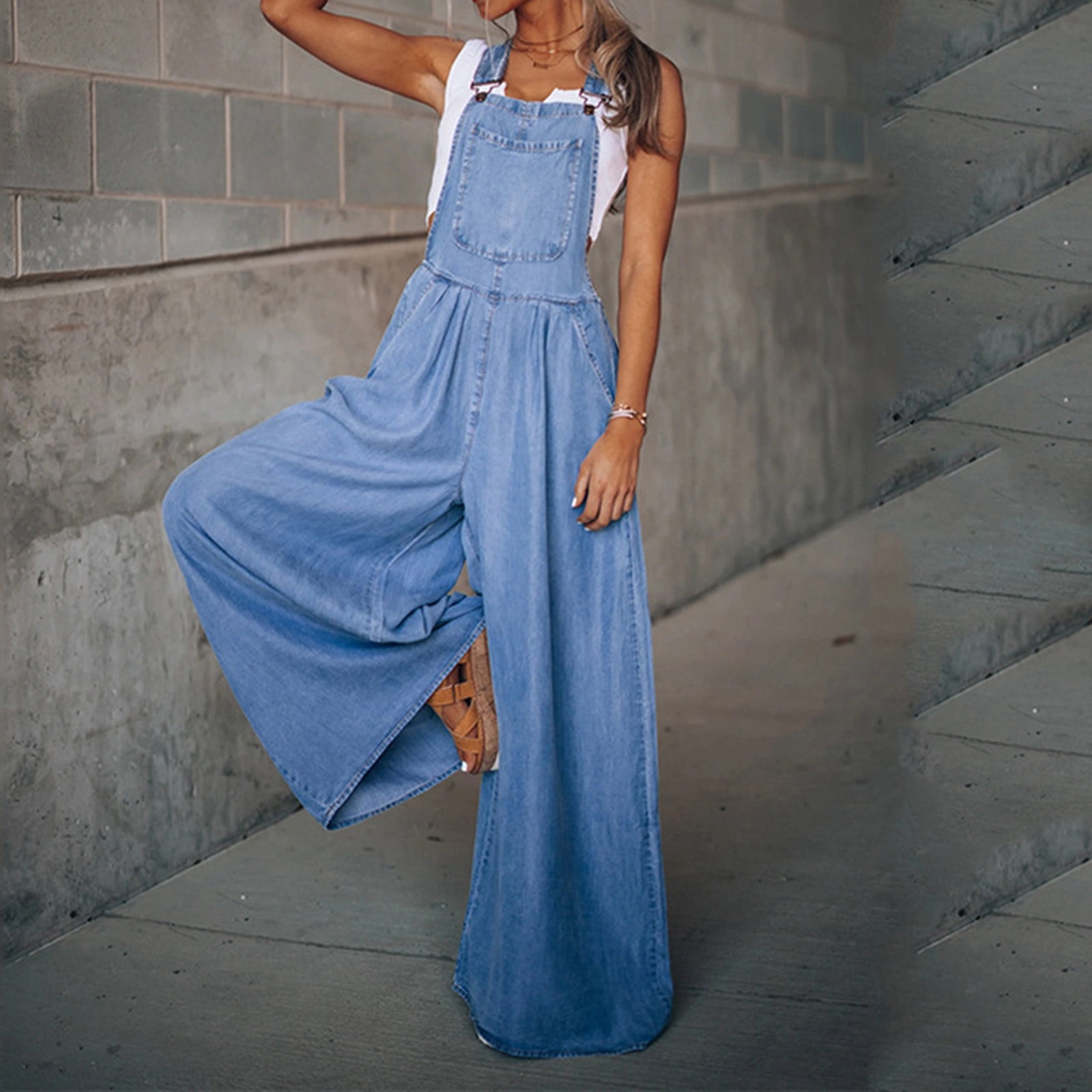 Fnochy Women's Casual Loose Denim Overalls Adjustable Strap Wide Leg ...