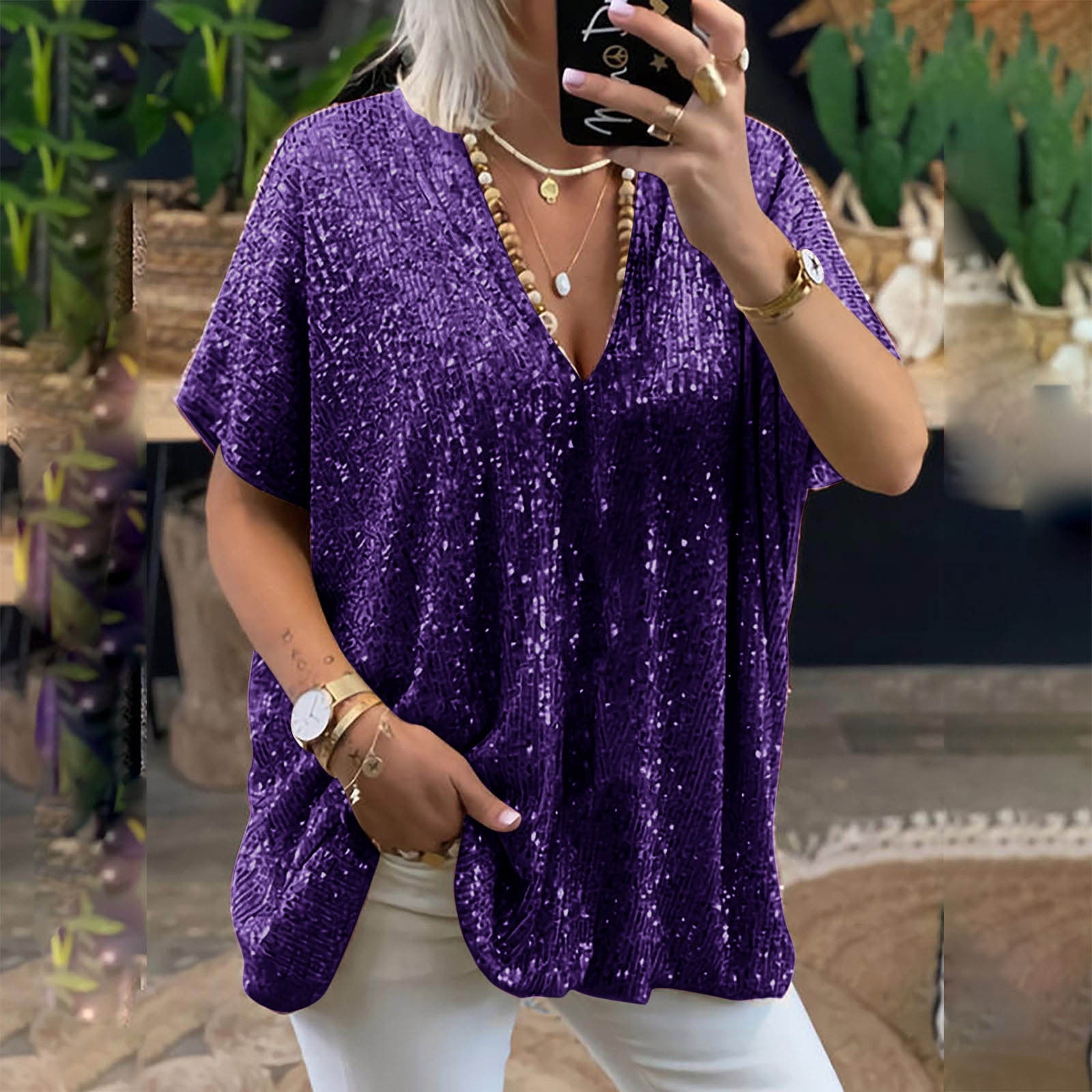 Fnooota T-Shirts for Women, Short Sleeve Sequin V-Neck Loose Summer ...