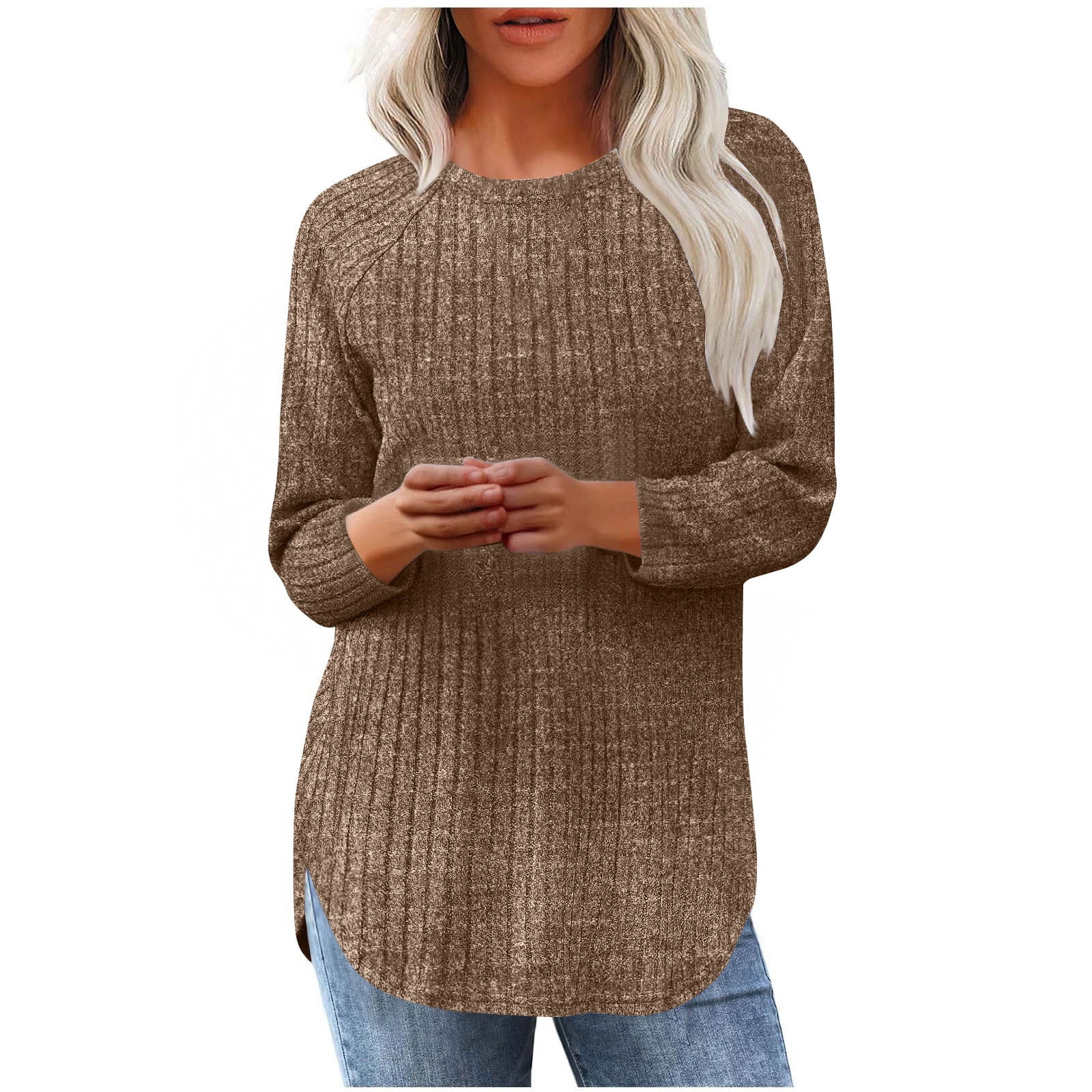 Fnooota Women's Knit Tops, Casual Stretchy Crew Neck Pullover Long ...