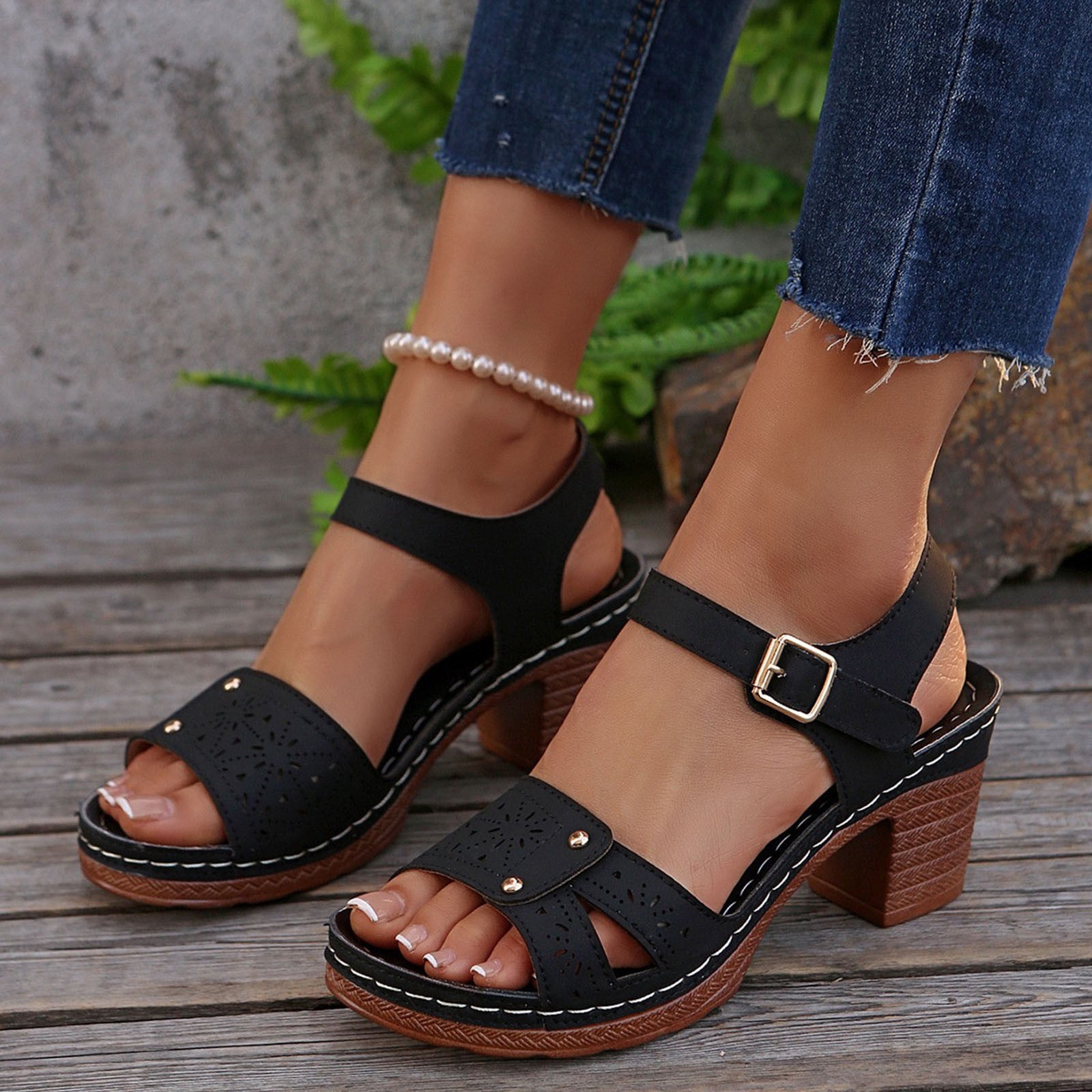 Fnooota Womens Heeled Sandals, Ankle Strap Casual Open Toe Wide Width ...