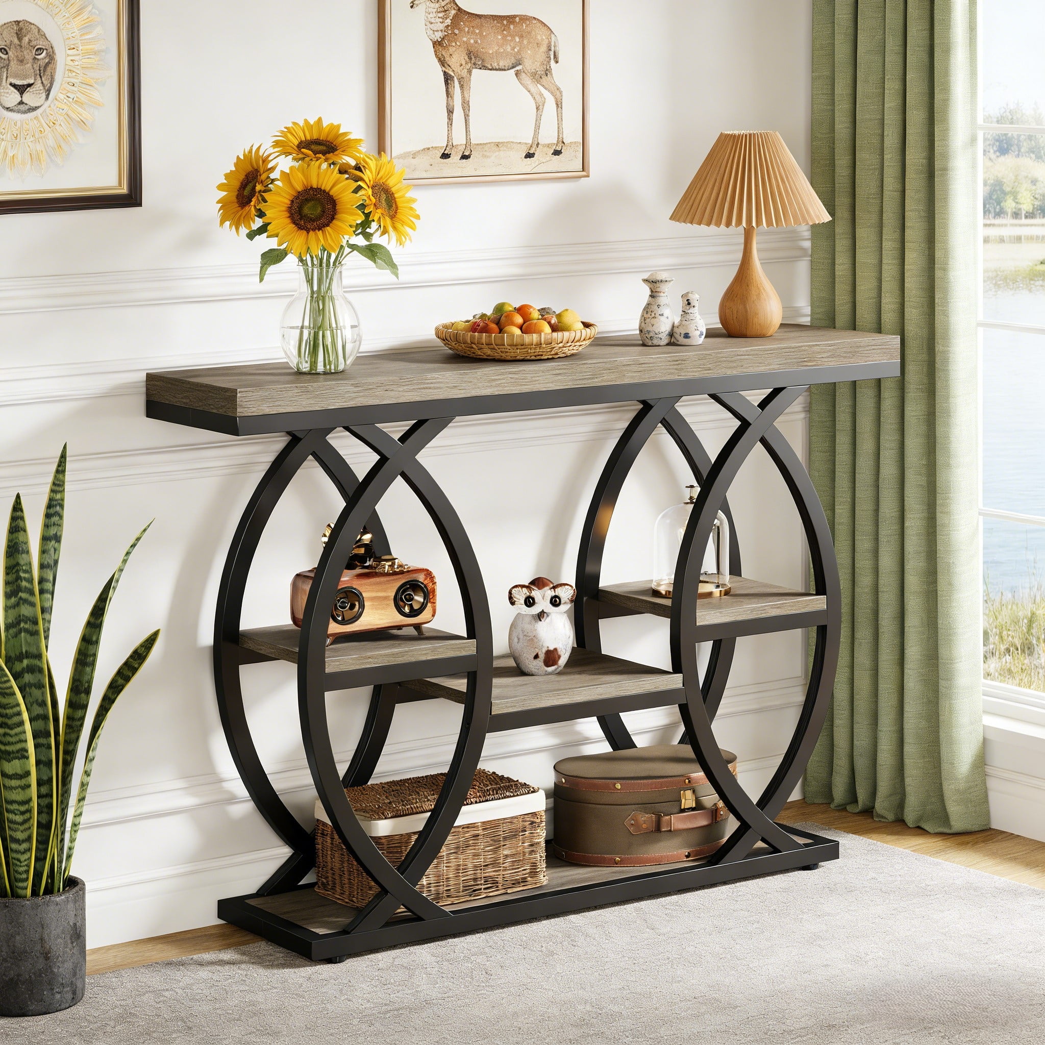 Fnova 39.4" Industrial Console Table, 4-Tier Retro Staggered Storage ...