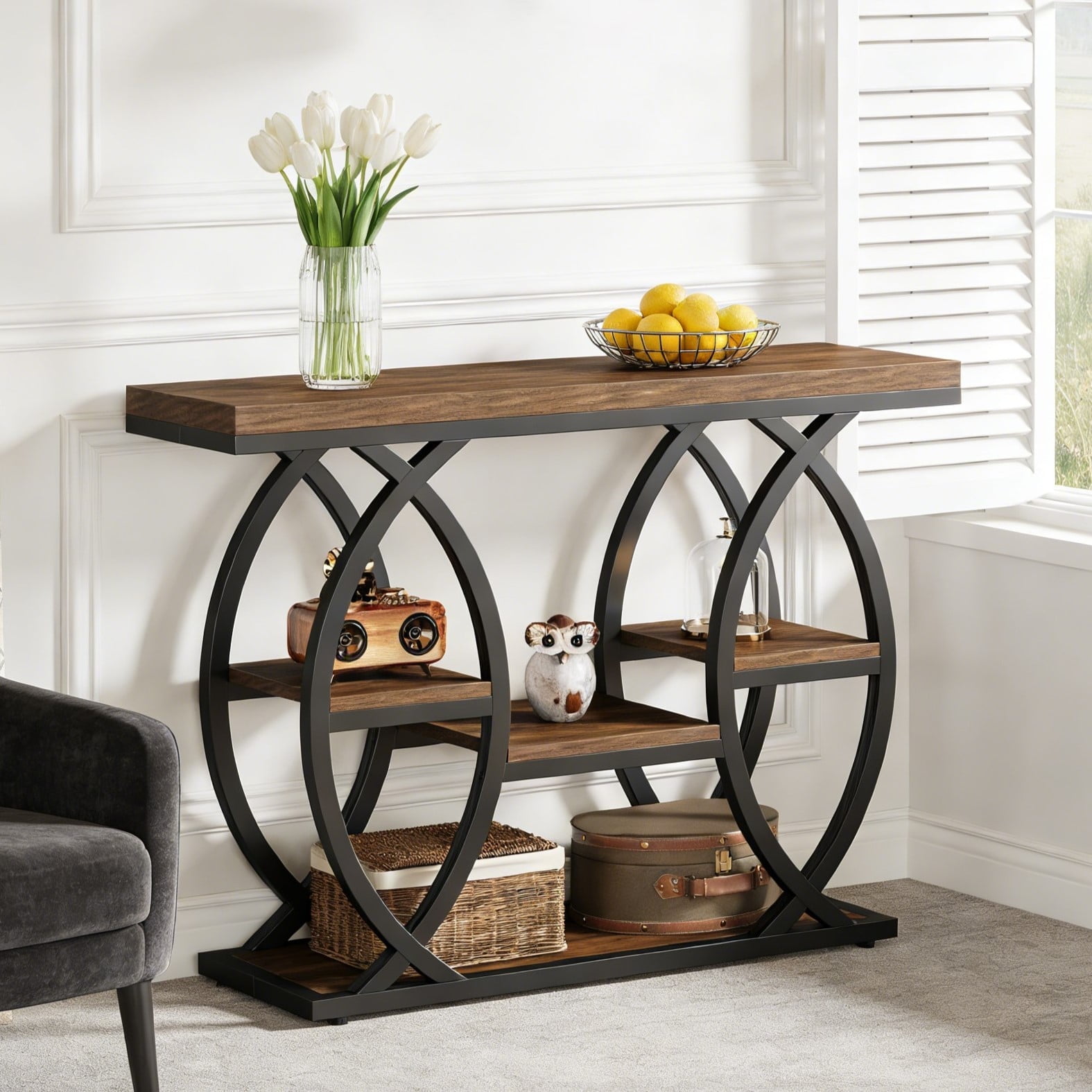 Fnova 39.4" Industrial Console Table, 4-Tier Retro Staggered Storage ...
