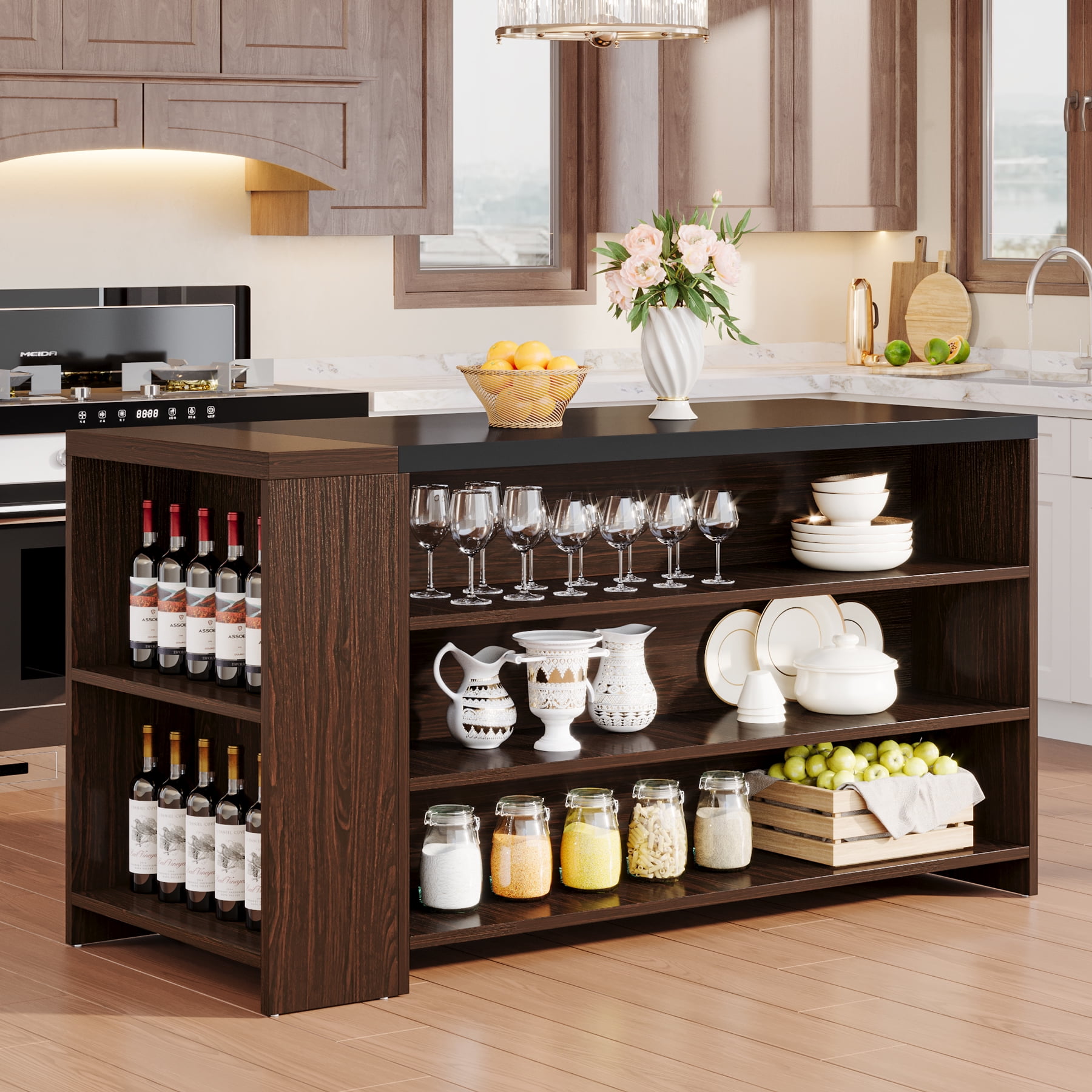 Fnova 55.12" Modern Kitchen Island with 5-Tier Open Shelves, Kitchen ...