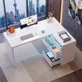Fnova 55" L-Shaped Large Executive Desk with LED Lights & 3 Drawers ...