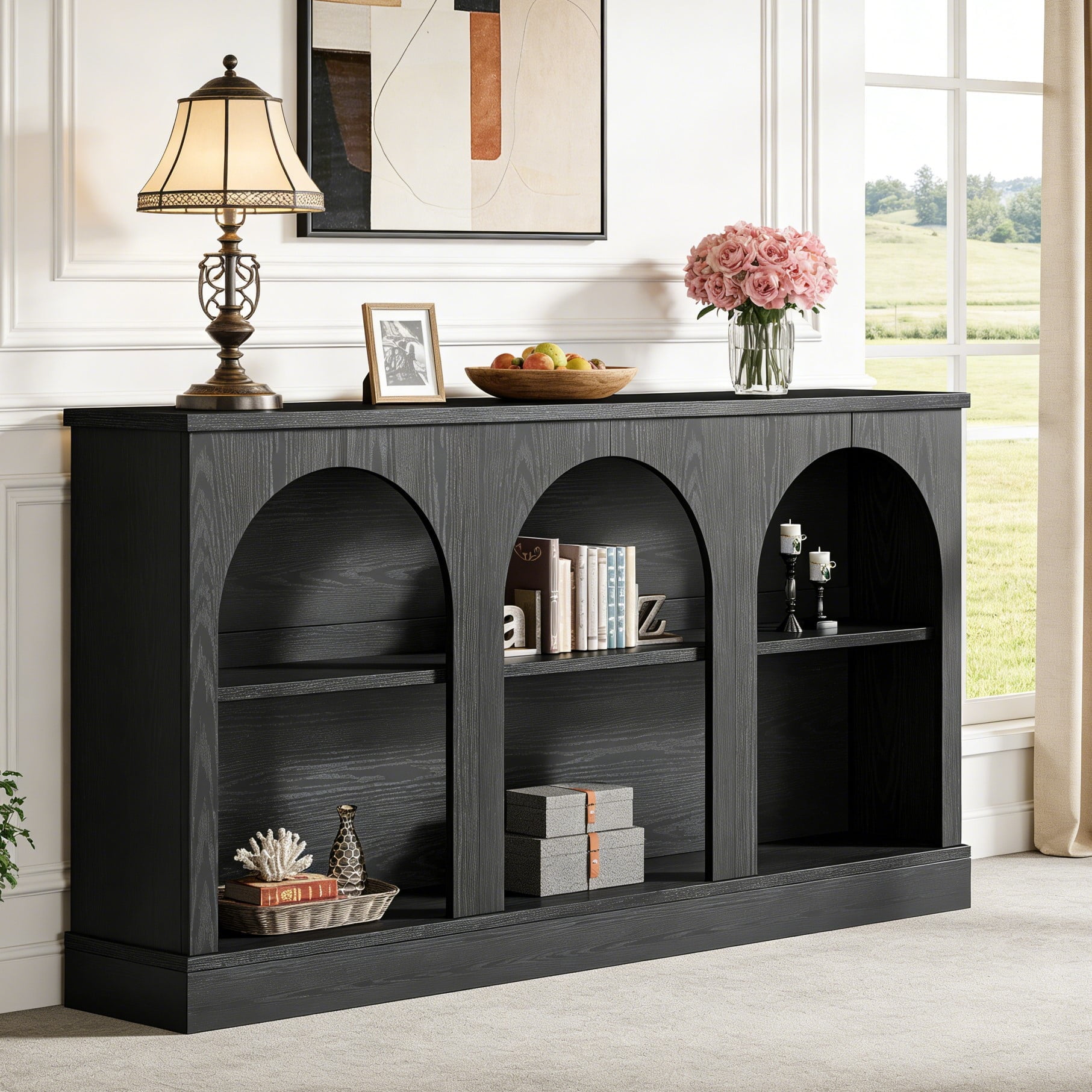 Fnova 63" Farmhouse Console Table, Wooden Entryway Table with 3-Tier ...