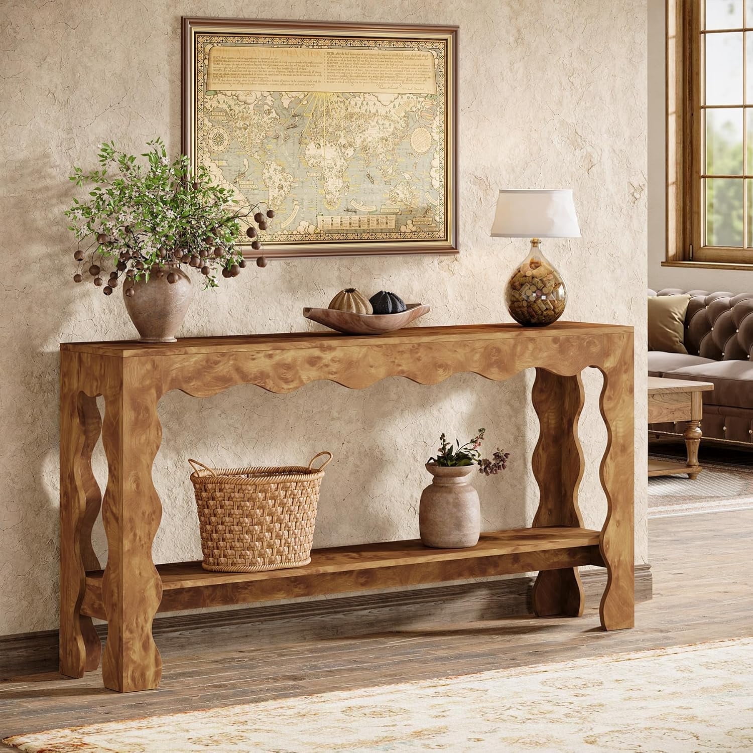 Fnova 63" Farmhouse Console Table with 2-Tier Storage Shelf, Scallop ...