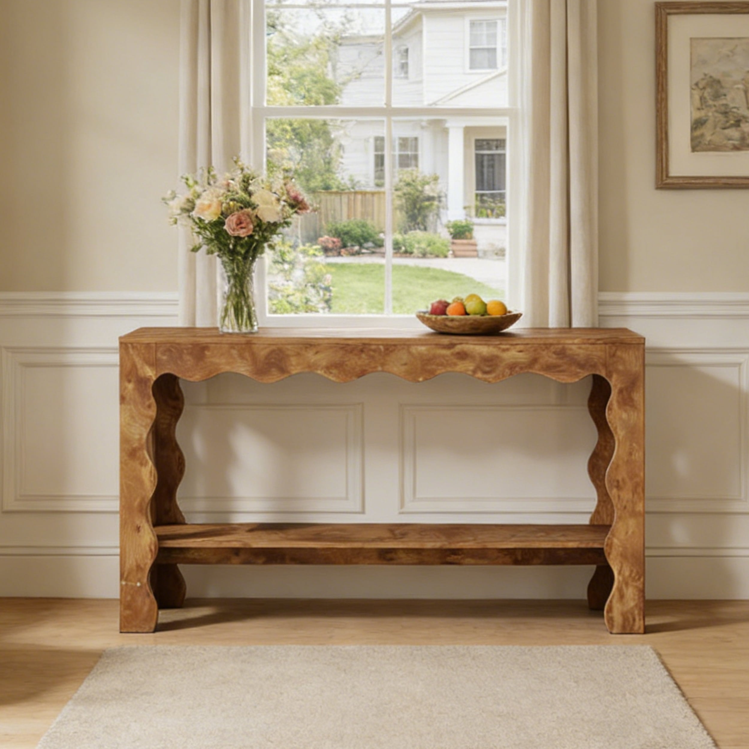 Fnova 63" Farmhouse Console Table with 2-Tier Storage Shelf, Scallop ...
