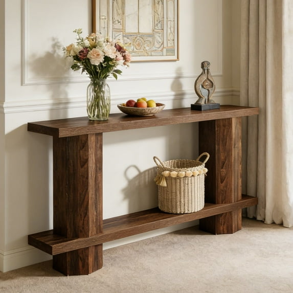 Fnova 71" Farmhouse Console Table, Long Wooden 2-Tier Sofa Table with ...