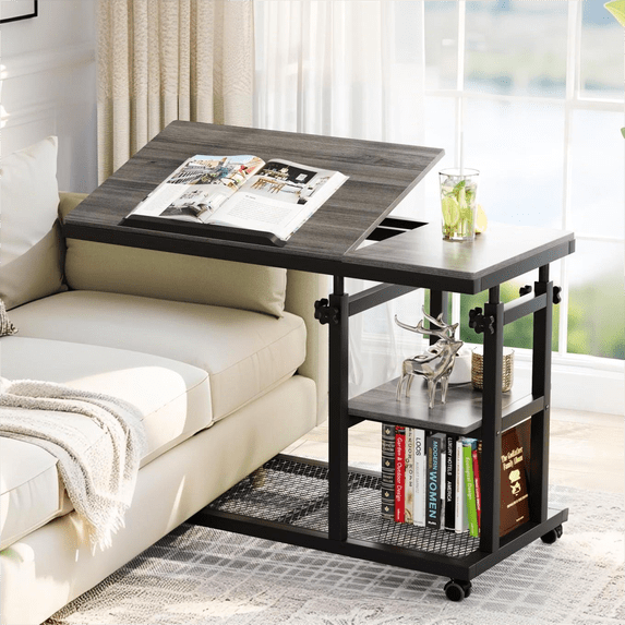 Fnova Mobile Side Table with Wheels, Snack Tray, Height-Adjustable C ...