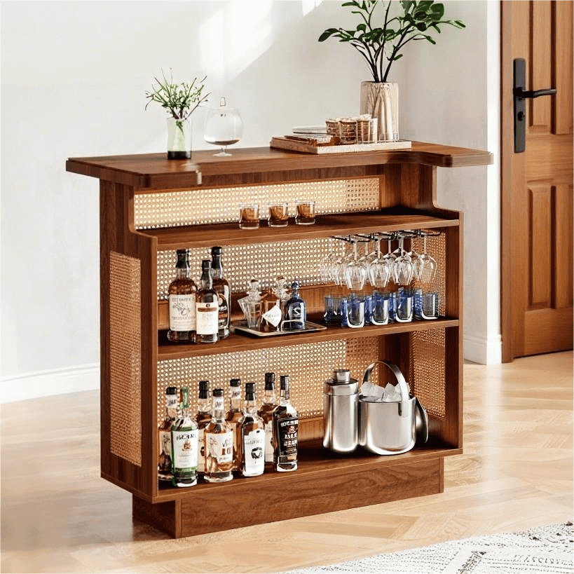Fnova Rattan Home Bar Unit, Farmhouse 4-Tier Bar Table With 4 Stemware ...