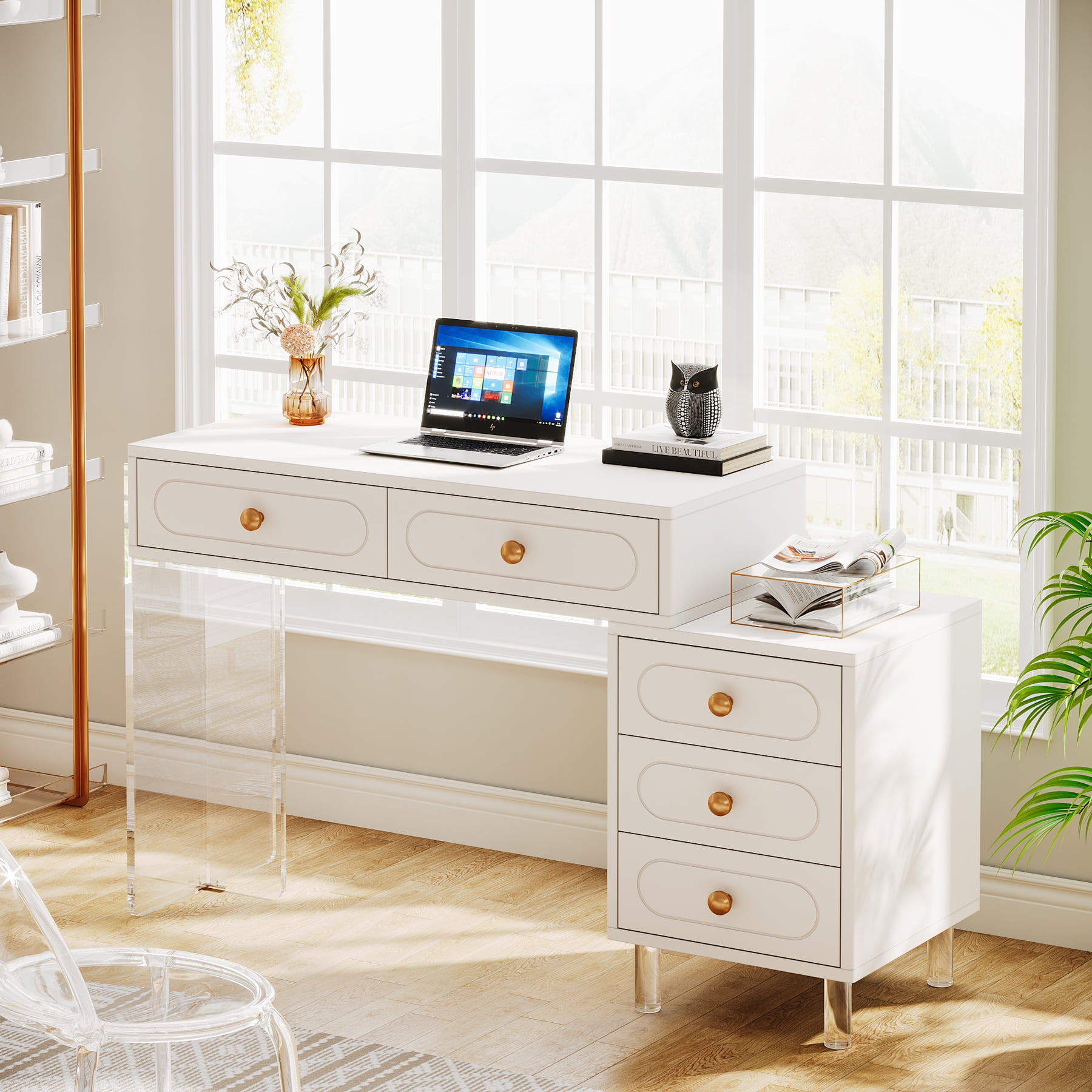 Fnova Rotatable L-Shaped Computer Desk with 3 Drawers, Cabinet ...