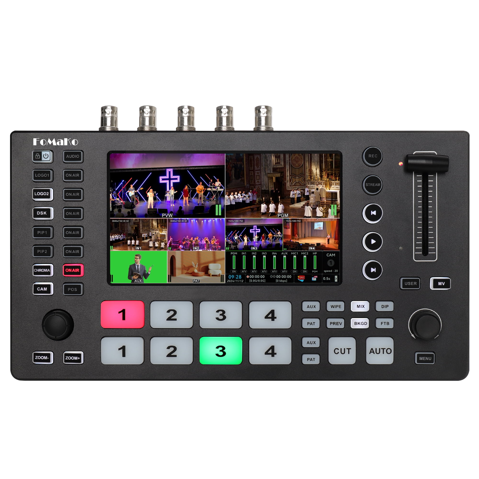 FoMaKo 4K SDI HDMI Video Mixer Switcher, 5.5 Inch FHD LCD Screen, 5 ...