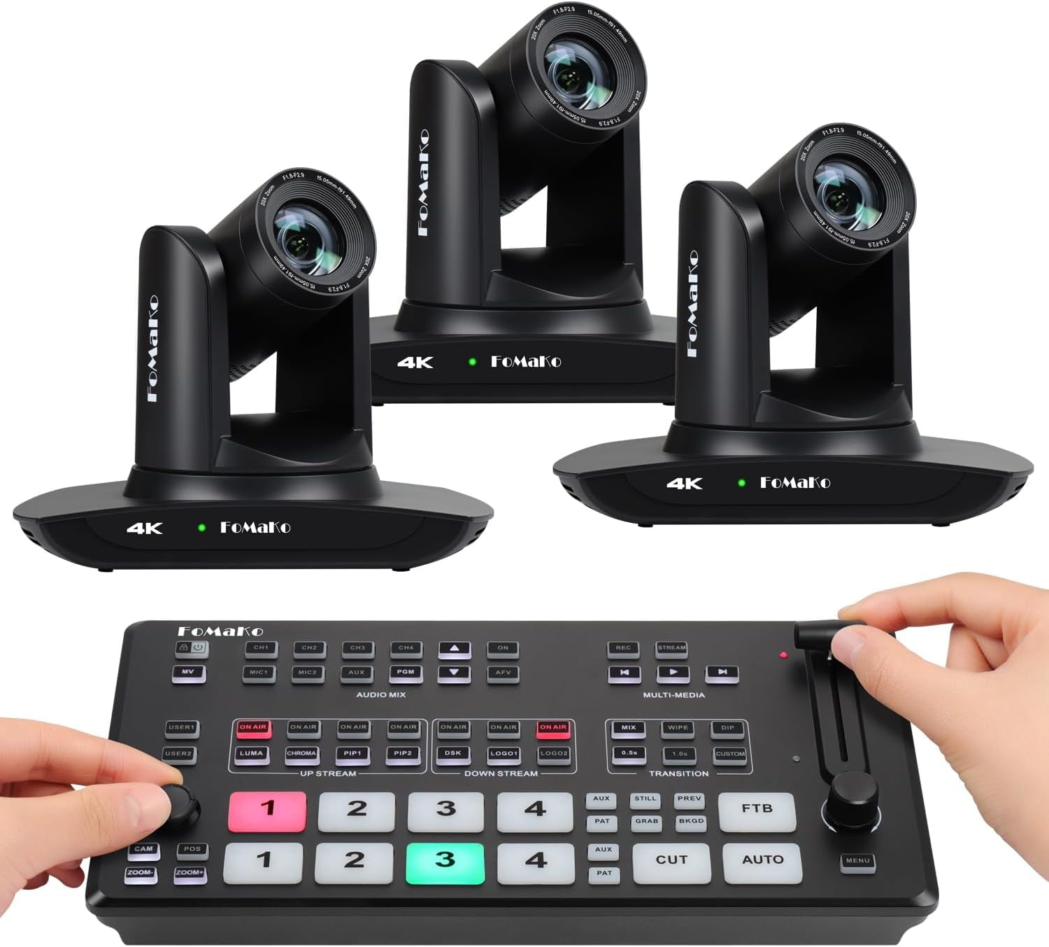 FoMaKo 4k PTZ Camera HDMI AI Auto Tracking,4k 20x Optical Zoom(3pcs)+M1 Video Mixer switcher ...