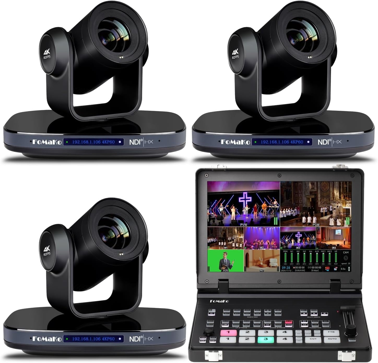 FoMaKo 60FPS 4K NDI PTZ Camera, 20X Optical Zoom(3pcs)+M6 Video Mixer ...