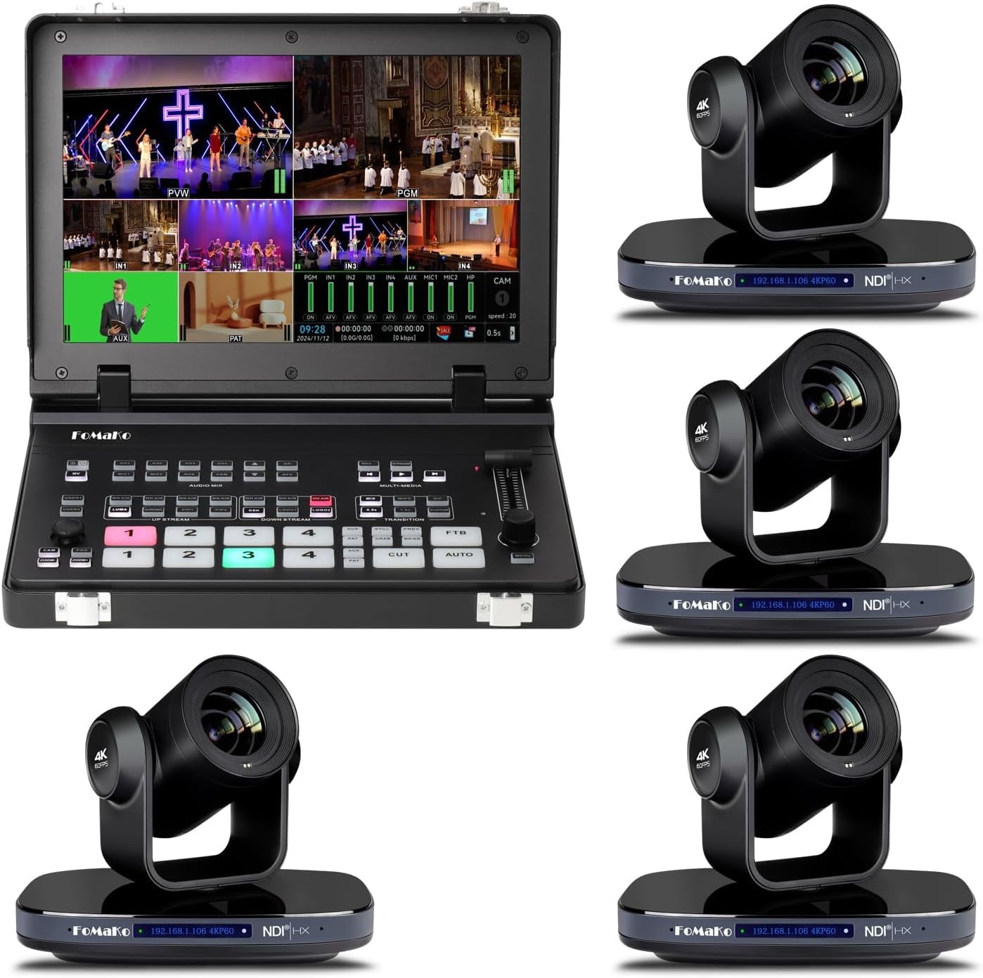 FoMaKo 60FPS 4K NDI PTZ Camera, 20X Optical Zoom(4pcs)+M6 Video Mixer ...