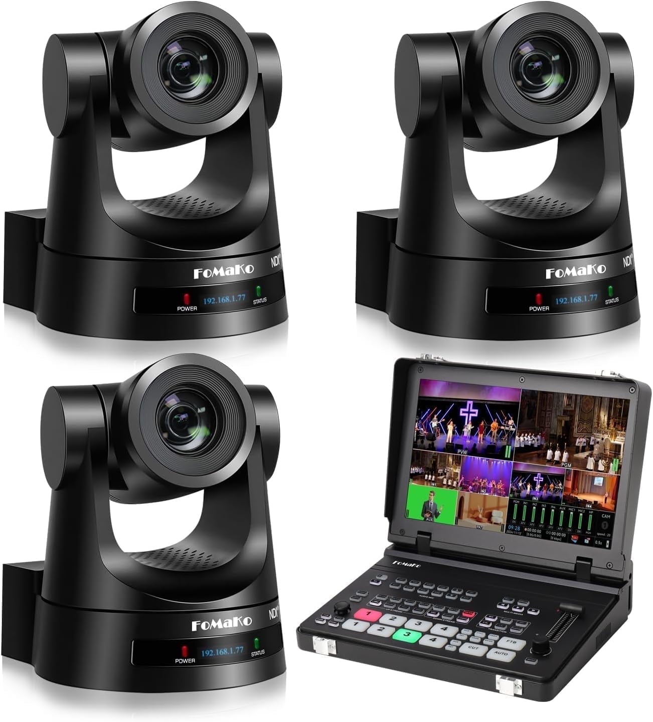 FoMaKo NDI PTZ Camera,30X Optical Zoom(3pcs)+M5 Video Mixer switcher ...